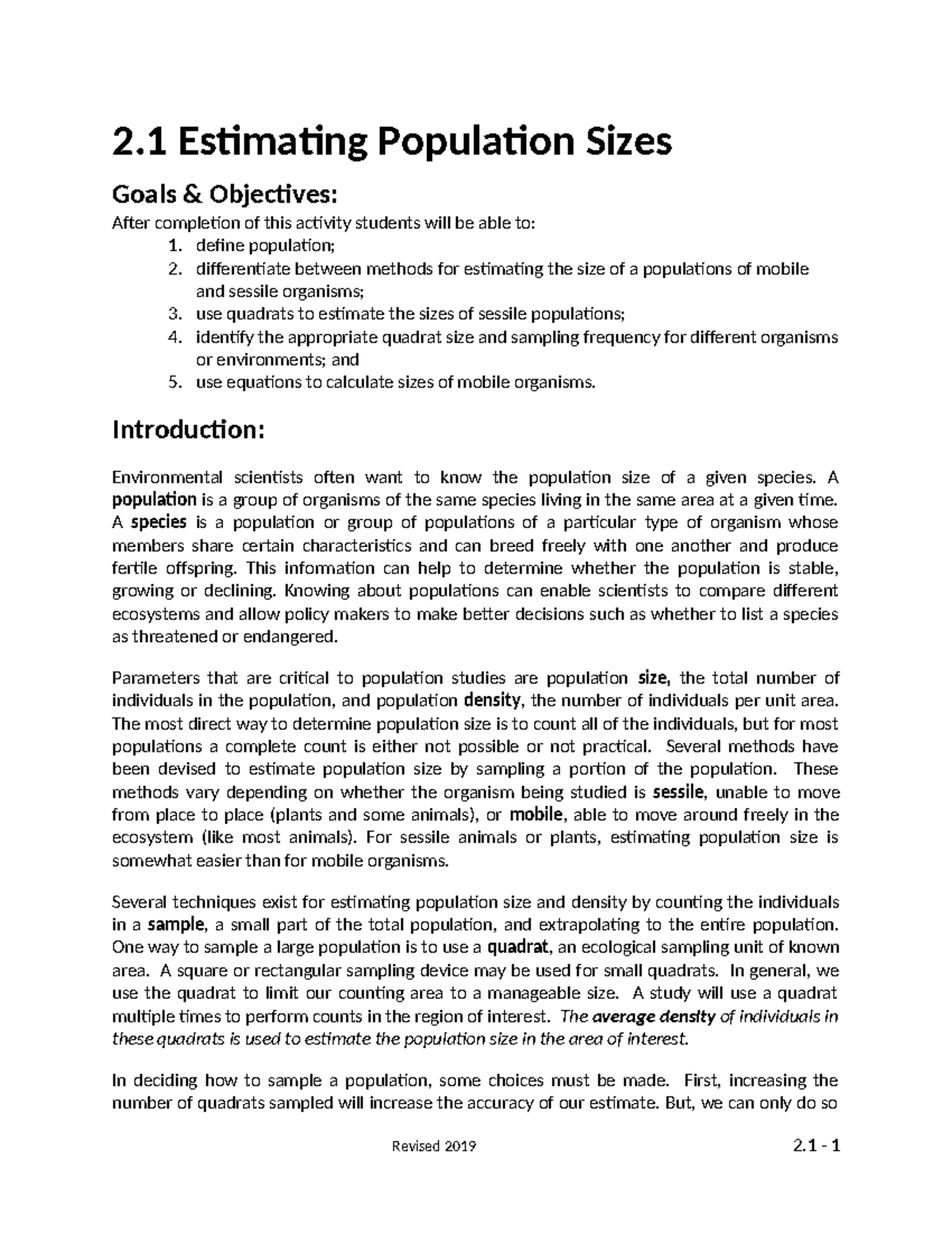 2.1 Estimating Population rev F19 - 2 Estimating Population Sizes Goals ...