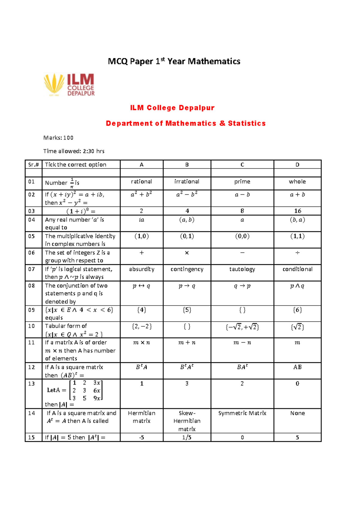 100 Mcqs Full Book 1st Year - MCQ Paper 1st Year Mathematics ILM ...