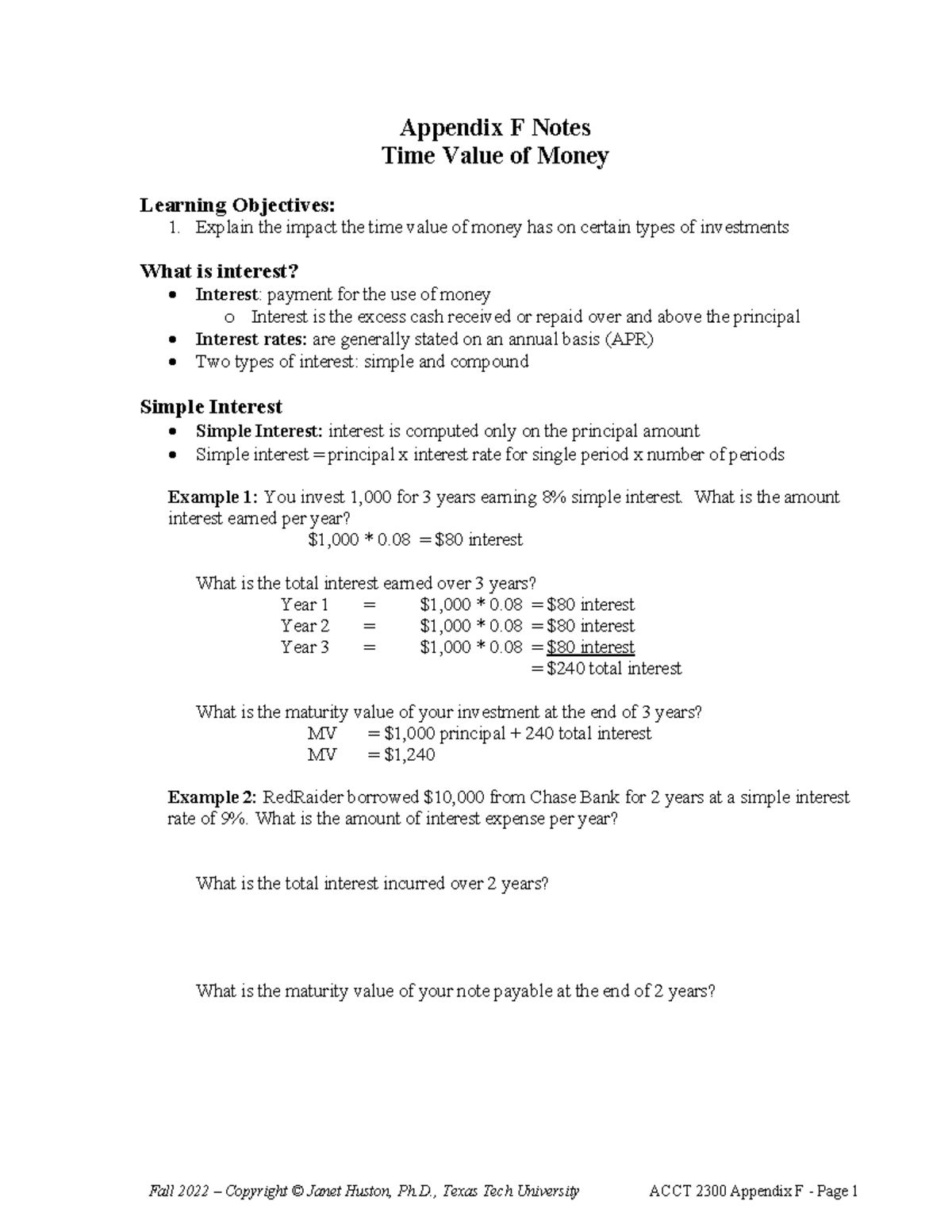 Appendix F Student Notes ACCT 2300 22c - Appendix F Notes Time Value of ...