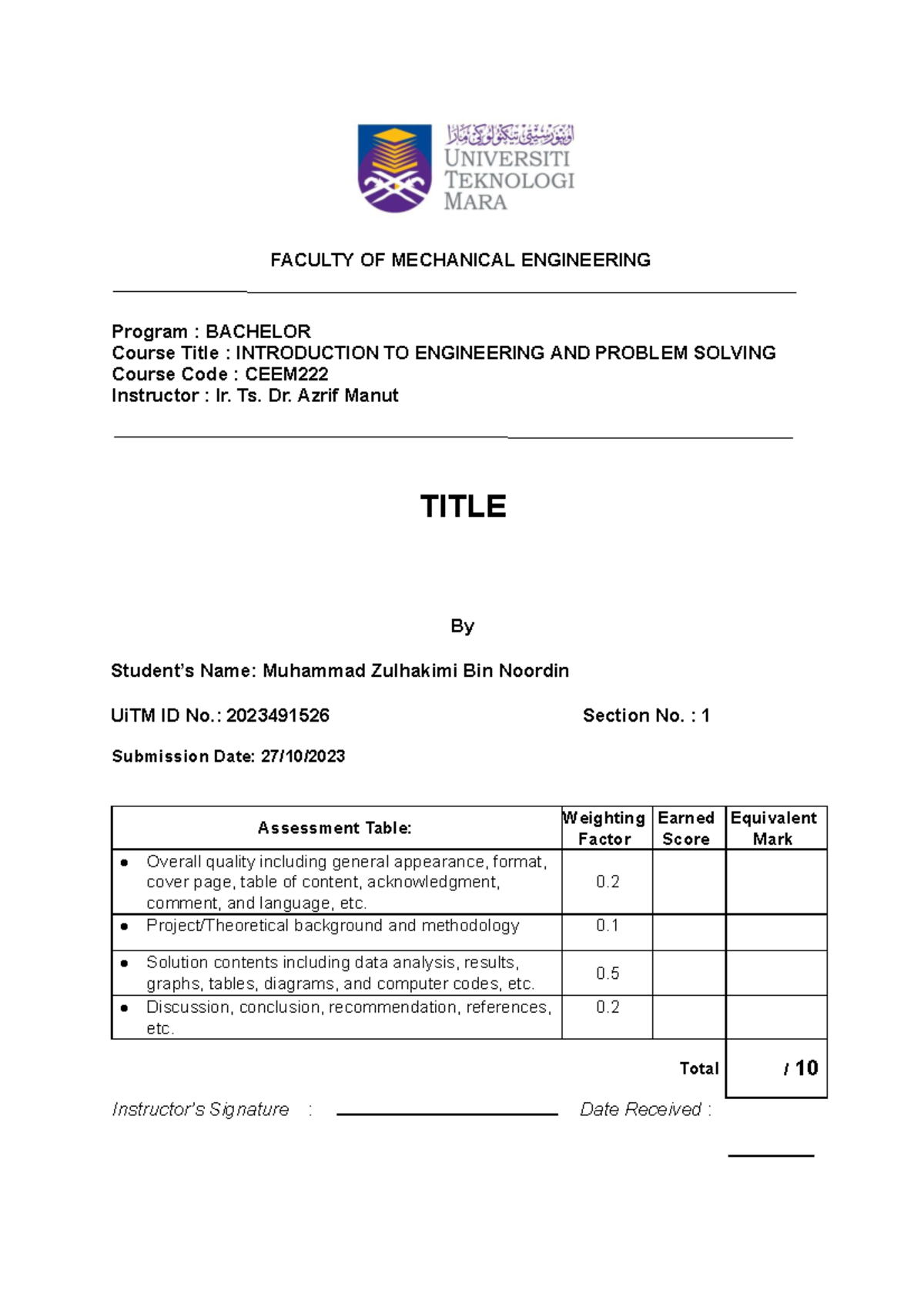 Case Study MEC400 2023491526 2C - FACULTY OF MECHANICAL ENGINEERING ...