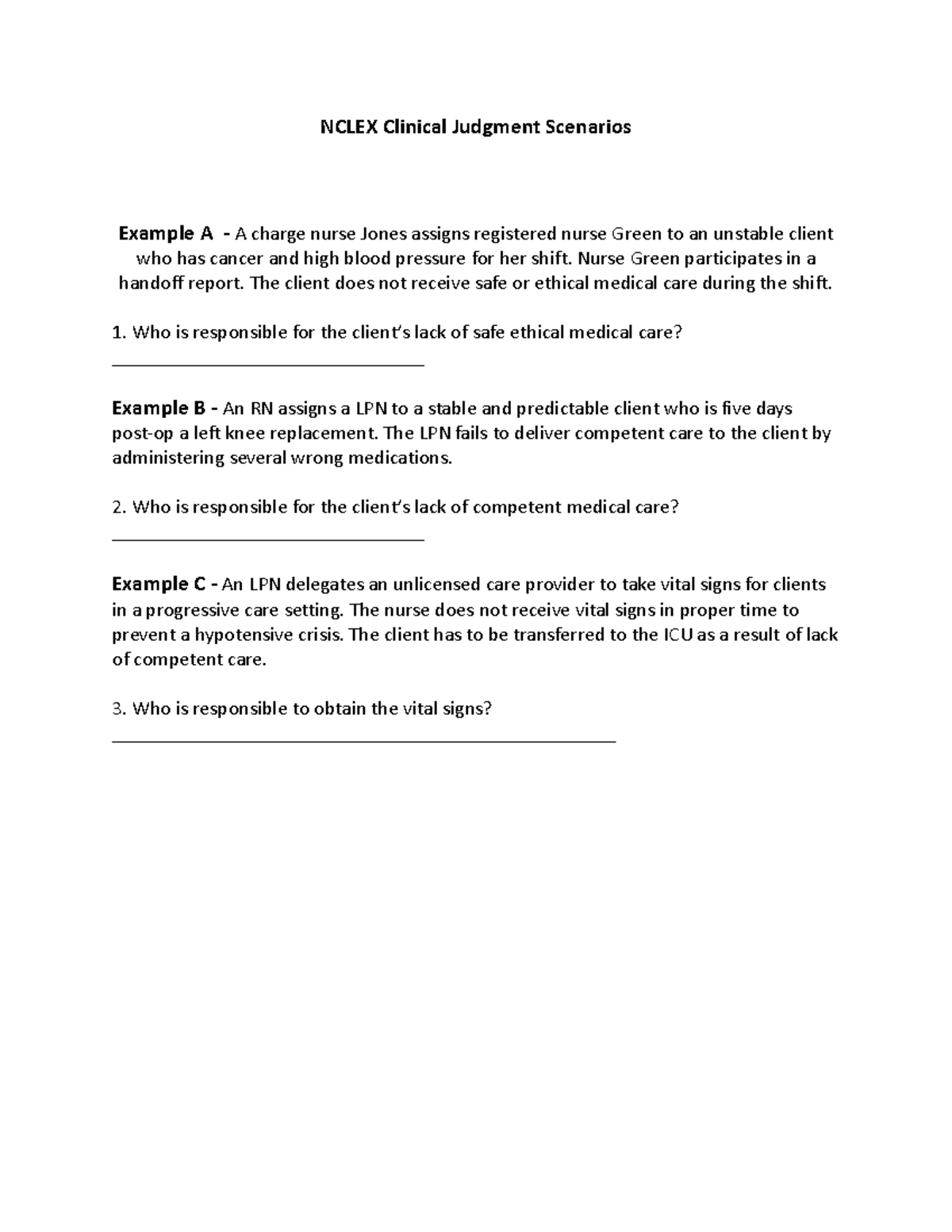 Nclex Clinical Judgment Scenarios - NCLEX Clinical Judgment Scenarios ...