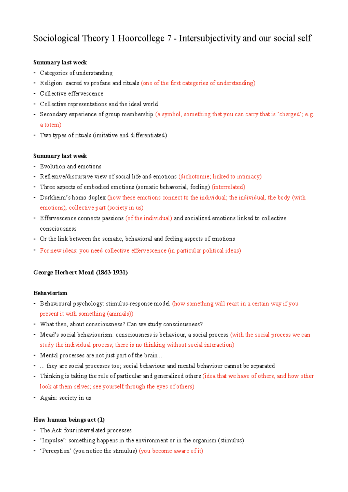 Sociological Theory 1 Hoorcollege 7 - Intersubjectivity and our social ...