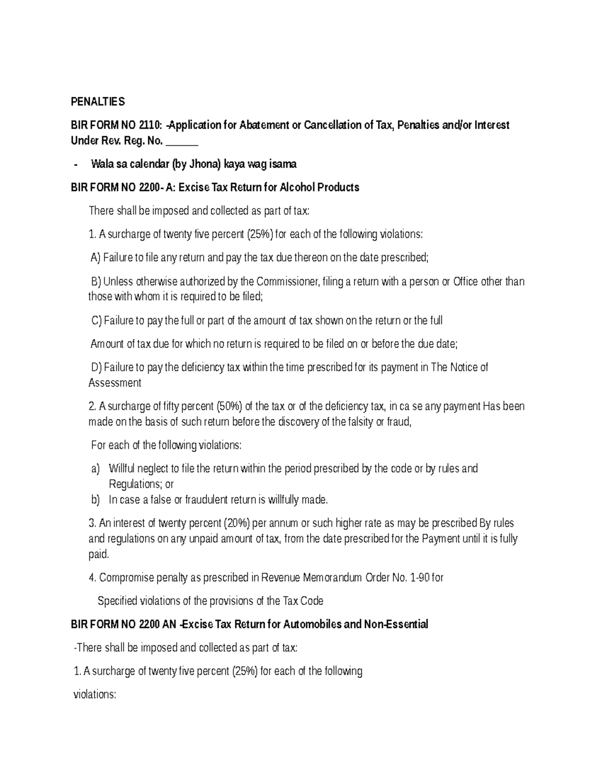BIR FORM NO. 2200 - STUDY MATERIALS - PENALTIES BIR FORM NO 2110 ...
