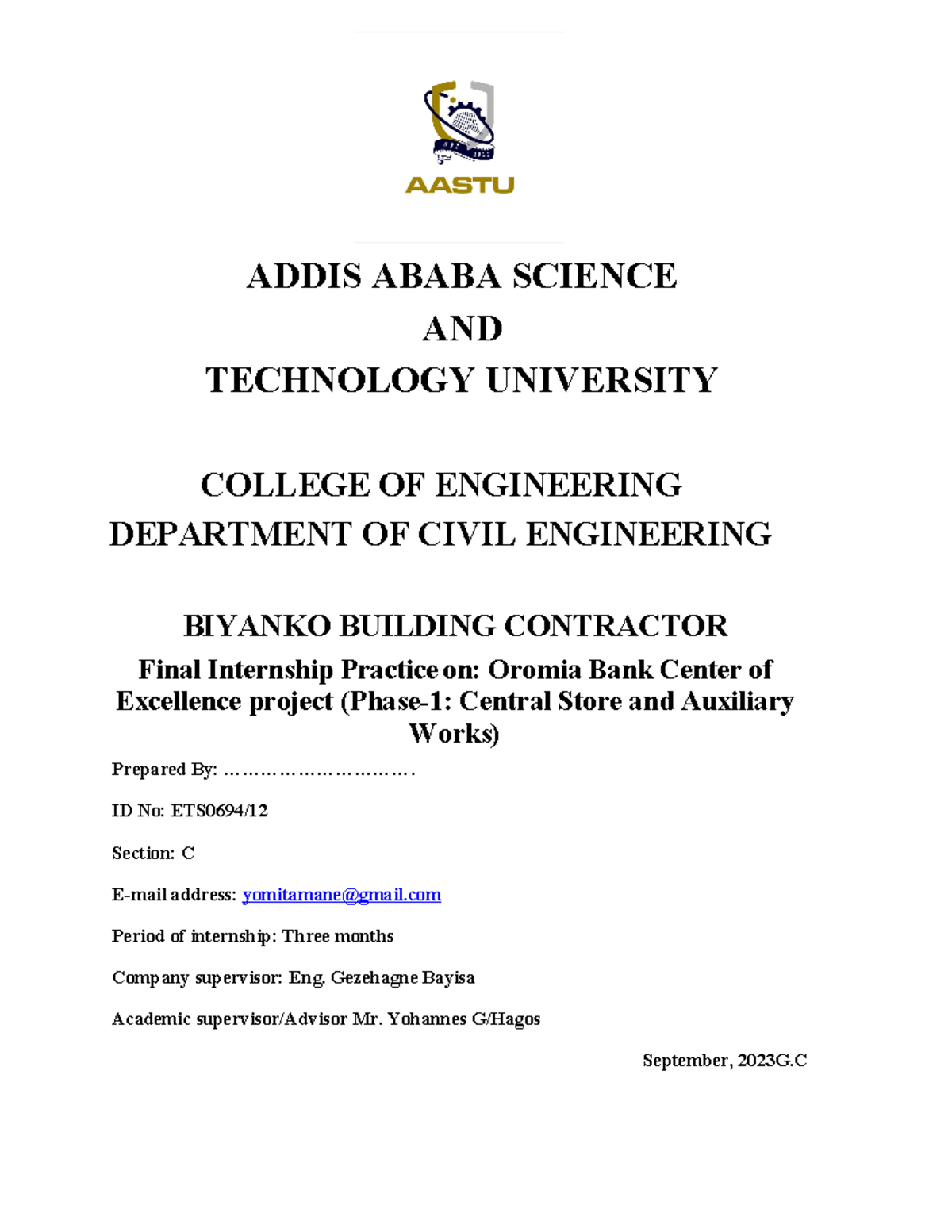 civil Final Internship Report - ADDIS ABABA SCIENCE AND TECHNOLOGY UNIVERSITY COLLEGE OF ...