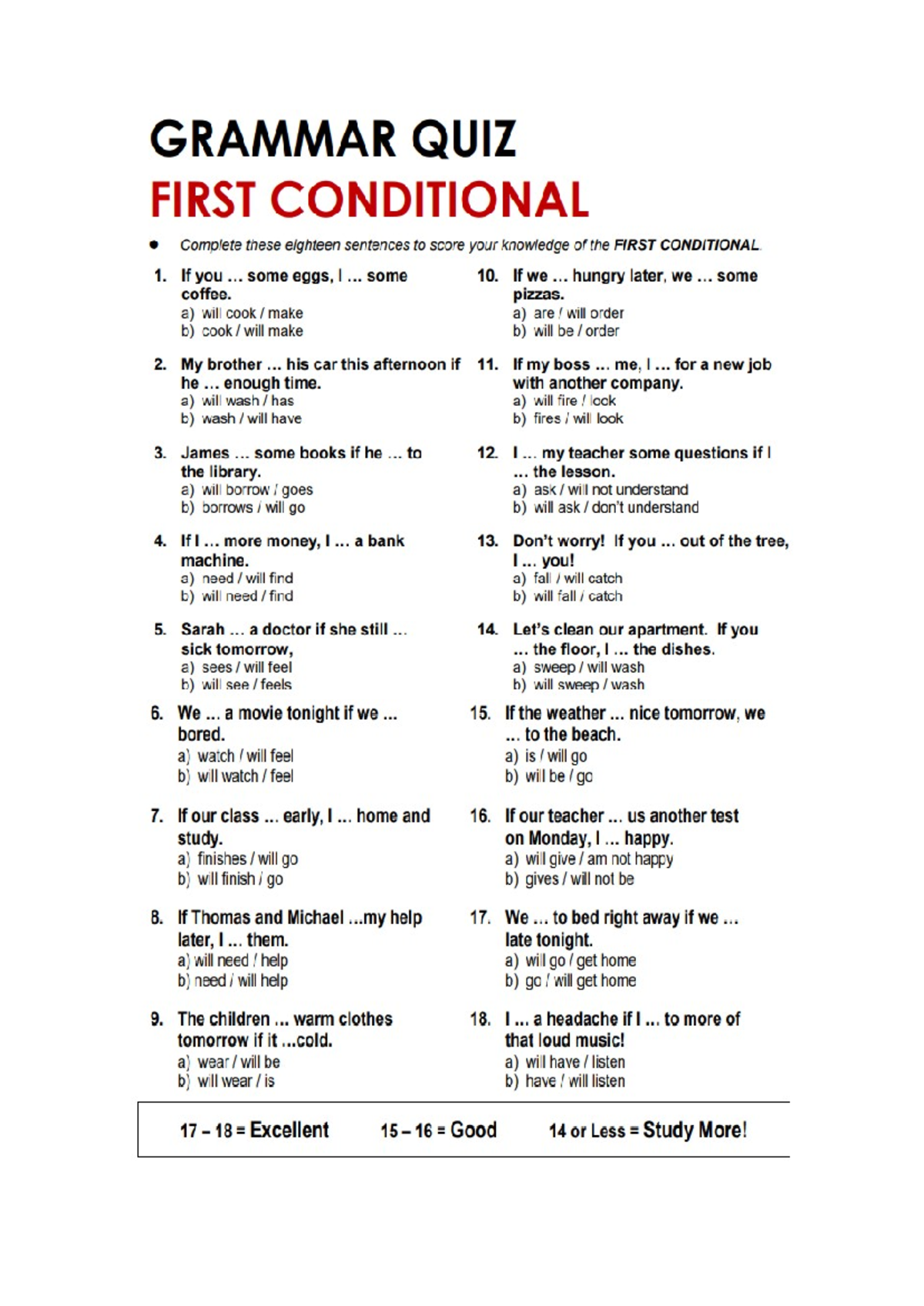 Exercise 1ST Conditional - GRAMMAR QUIZ FIRST CONDITIONAL Complete ...