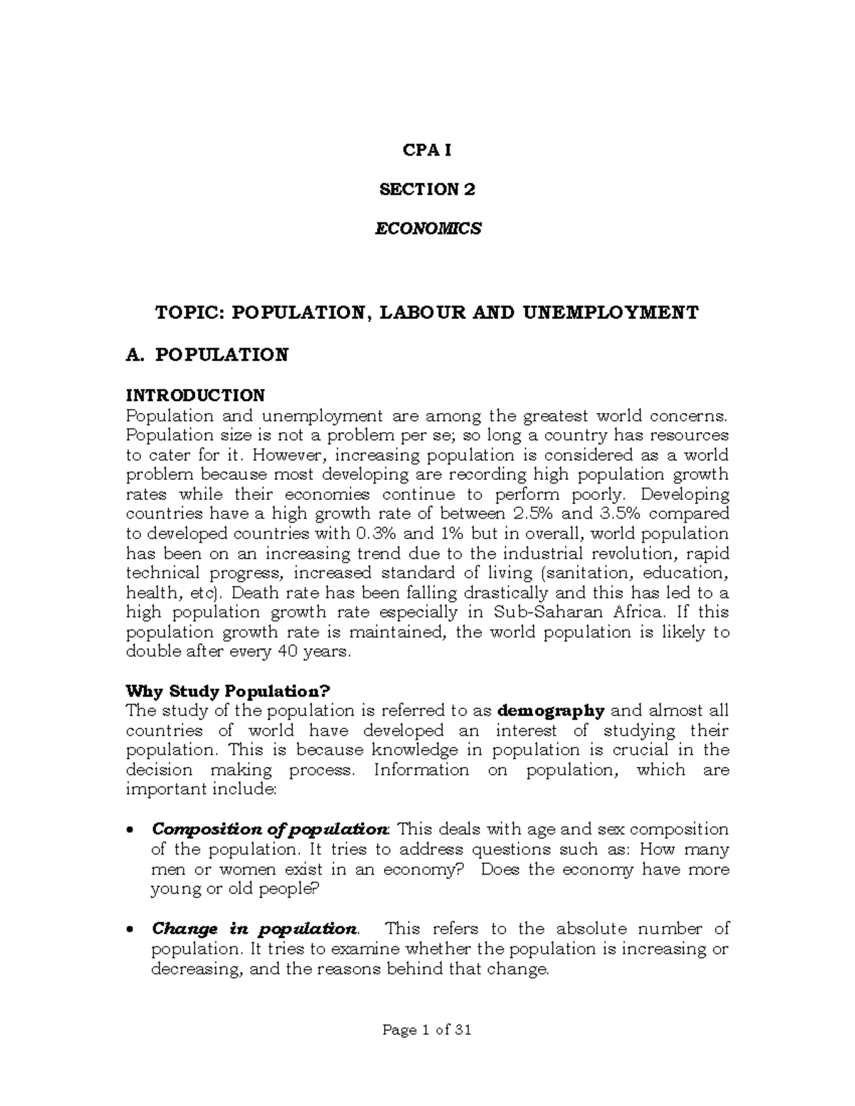 Population - CPA I SECTION 2 ECONOMICS TOPIC: POPULATION, LABOUR AND ...