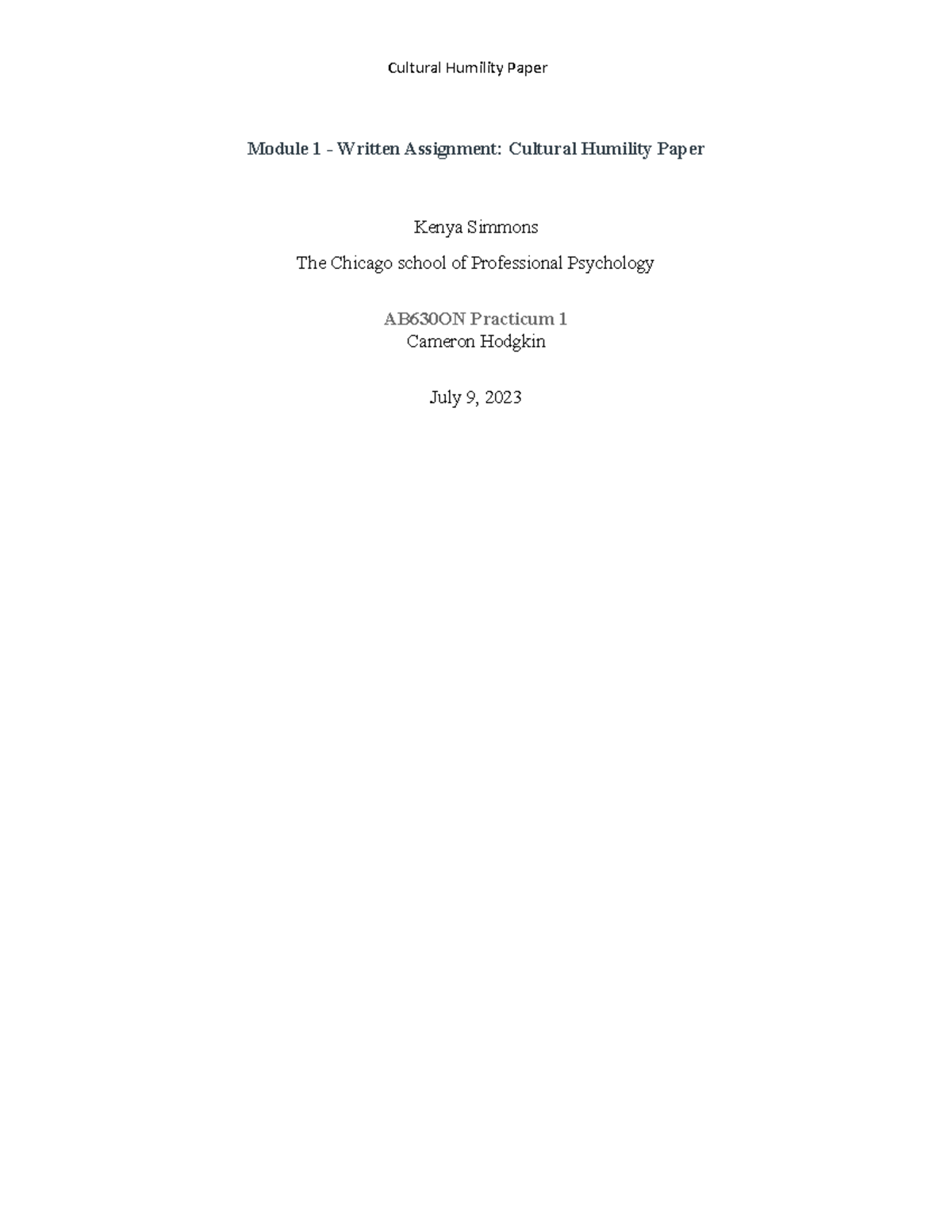 Module 1 Written Assignment Cultural Humility Paper - Module 1 ...