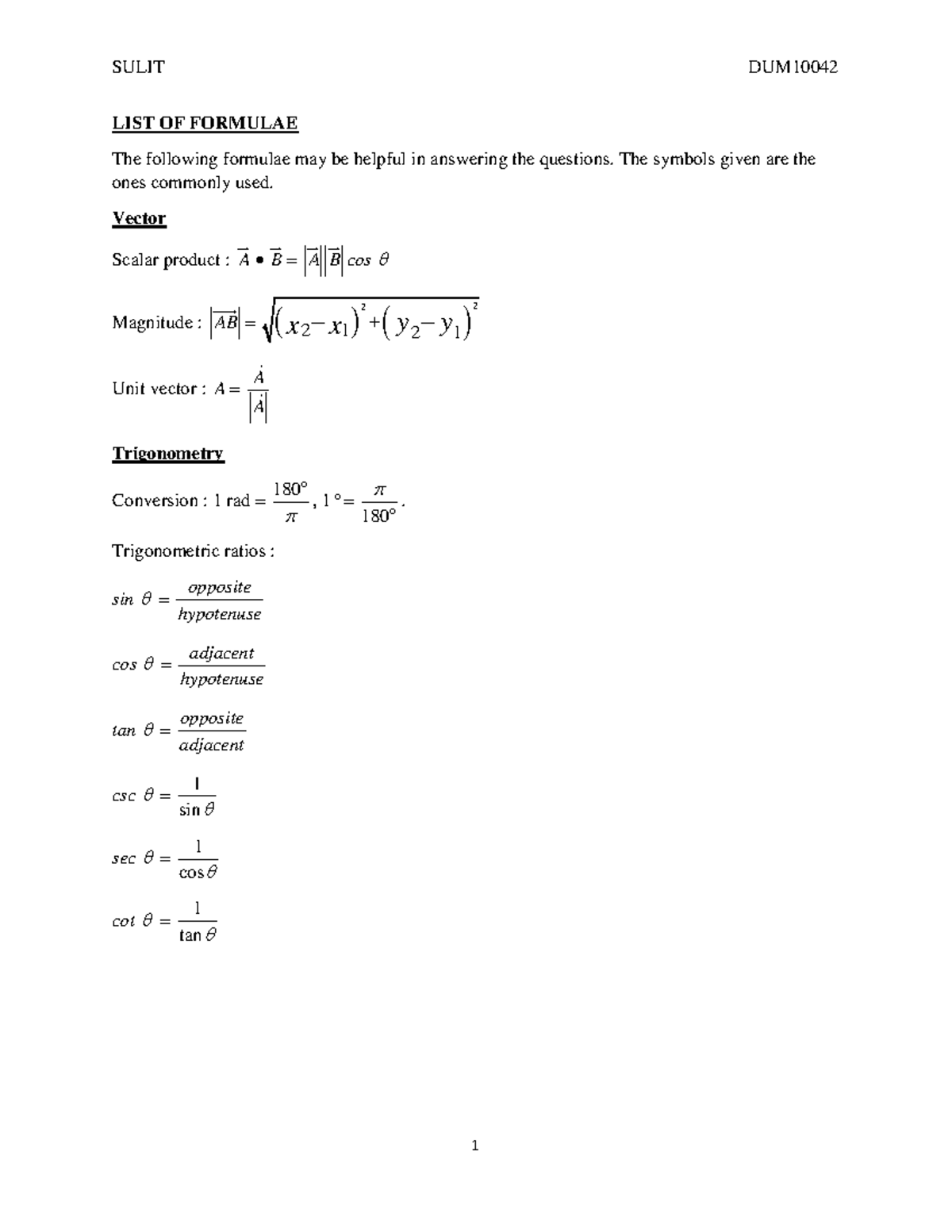 Set 2 - ENGINEERING BIOMEDICAL MATHEMATICS - LIST OF FORMULAE The ...