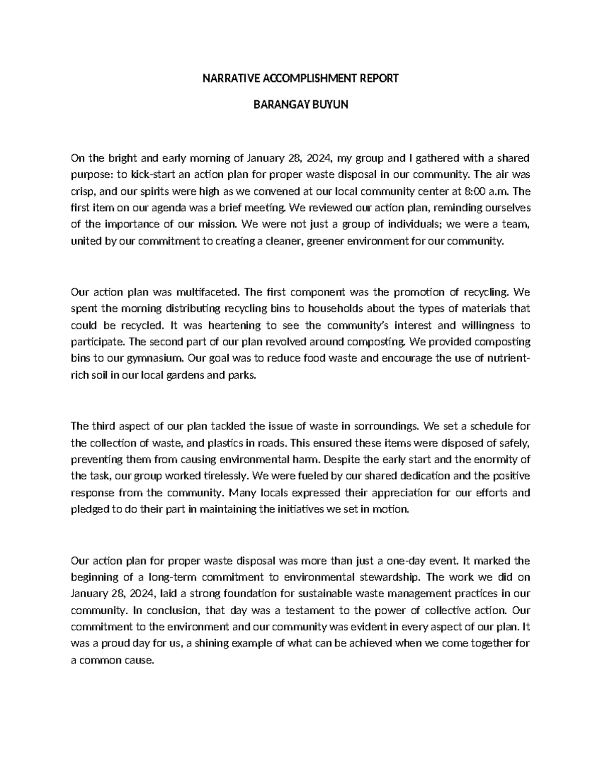 Narrative Report- BRGY. Buyun - NARRATIVE ACCOMPLISHMENT REPORT ...