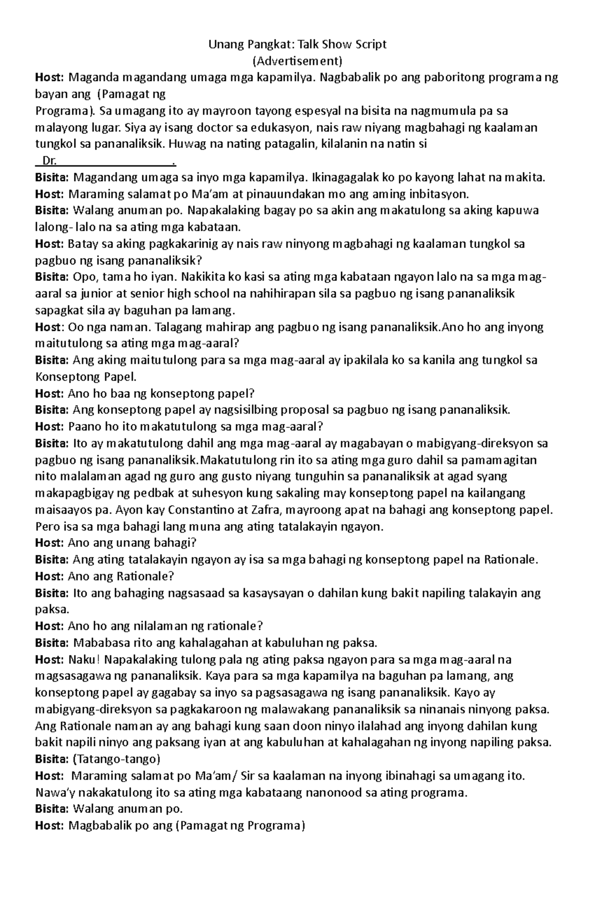 Ilide - LECTURE NOTES - Unang Pangkat: Talk Show Script (Advertisement ...