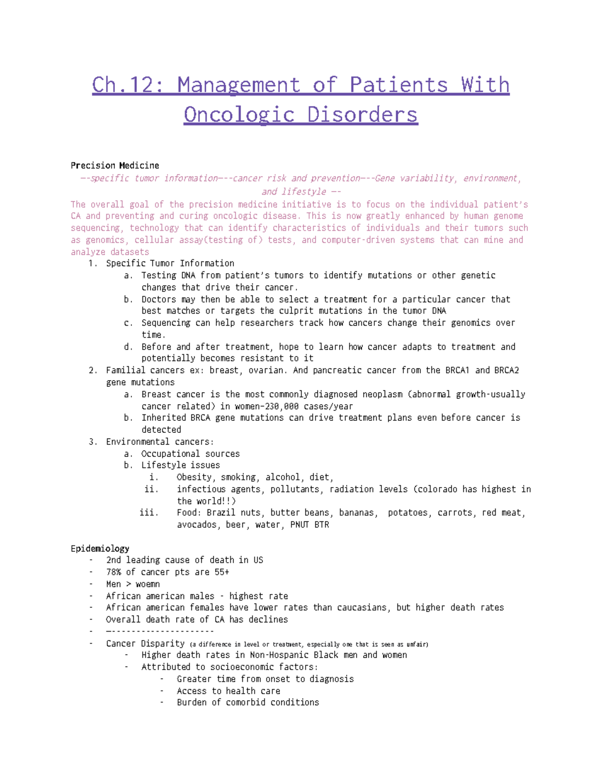 Oncology Notes - Ch: Management of Patients With Oncologic Disorders ...