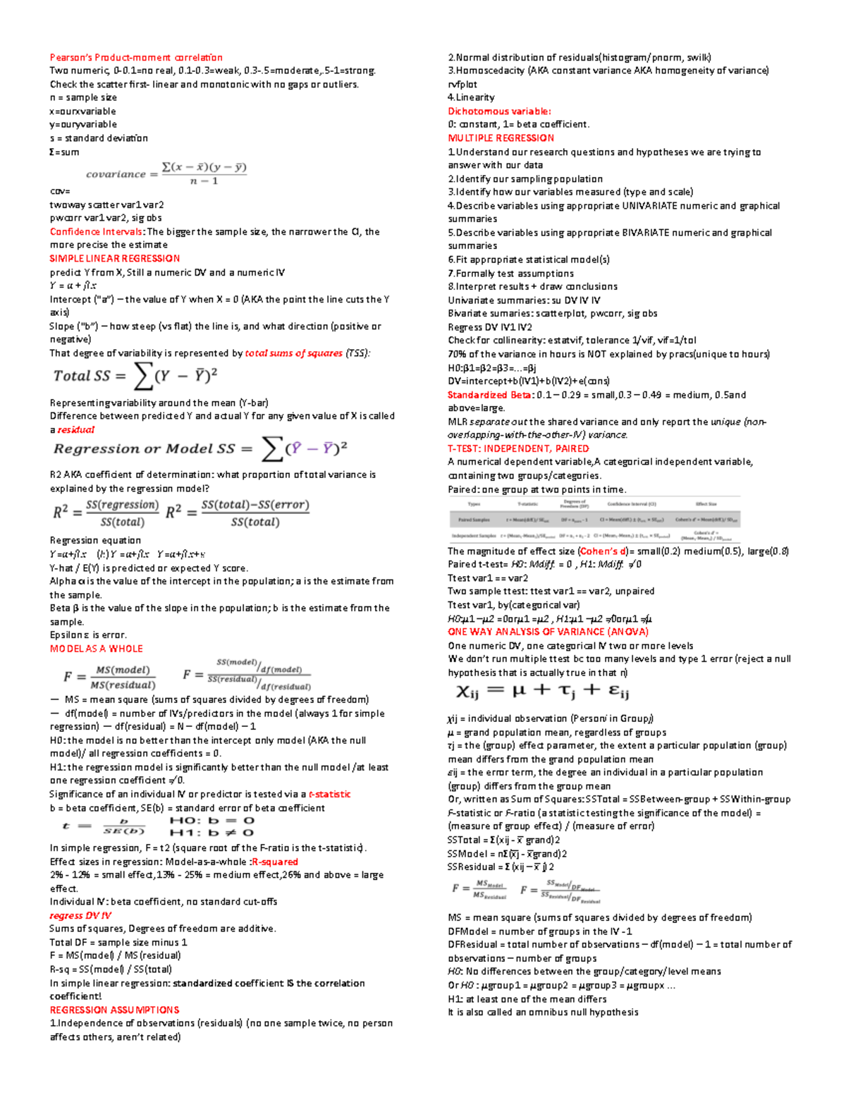 Cheat sheet - 4 pages for the final exam - Pearson’s Product-moment correla1on Two numeric, 0-0 ...