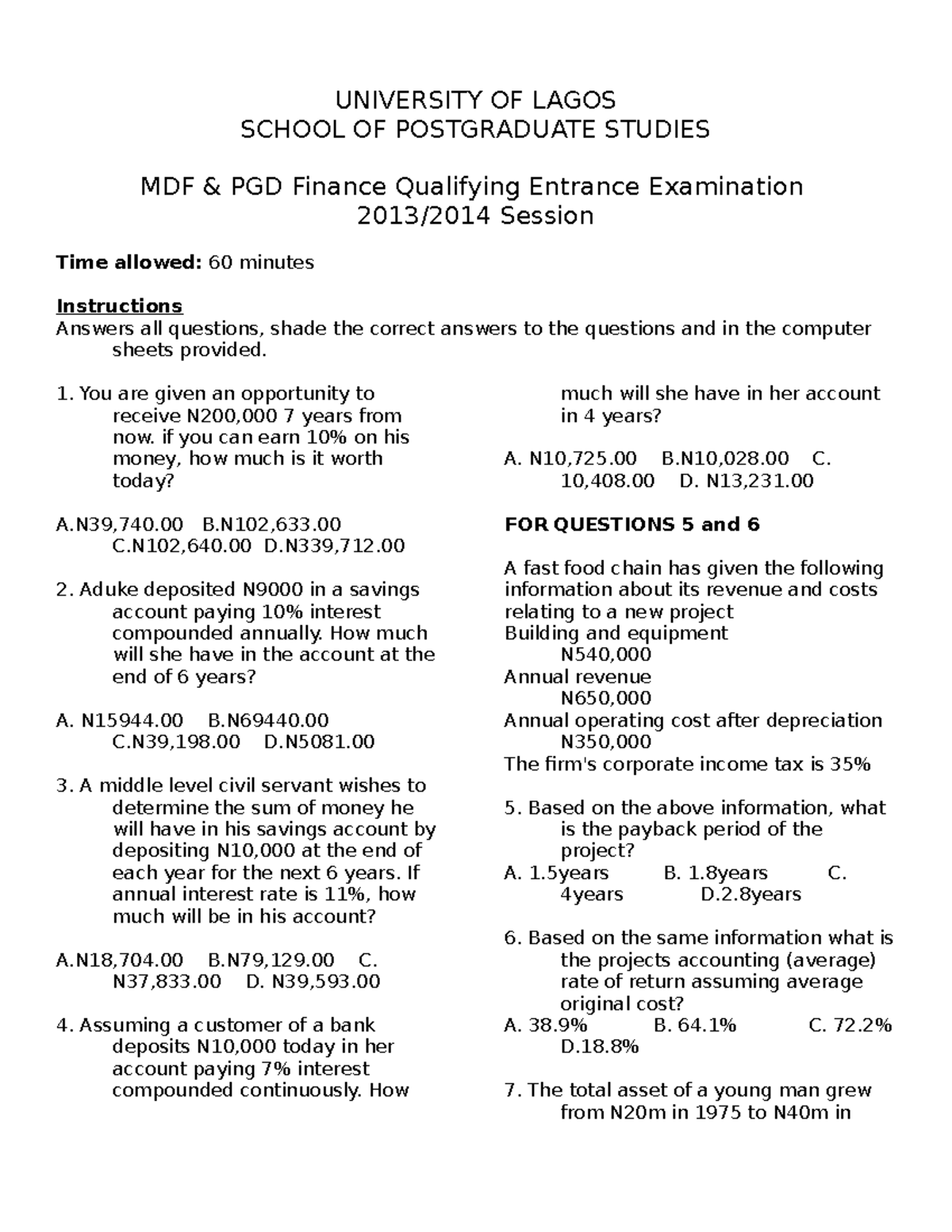 MDF-PGD-2013 - MSC. FINANCE PAST QUESTION - UNIVERSITY OF LAGOS SCHOOL ...