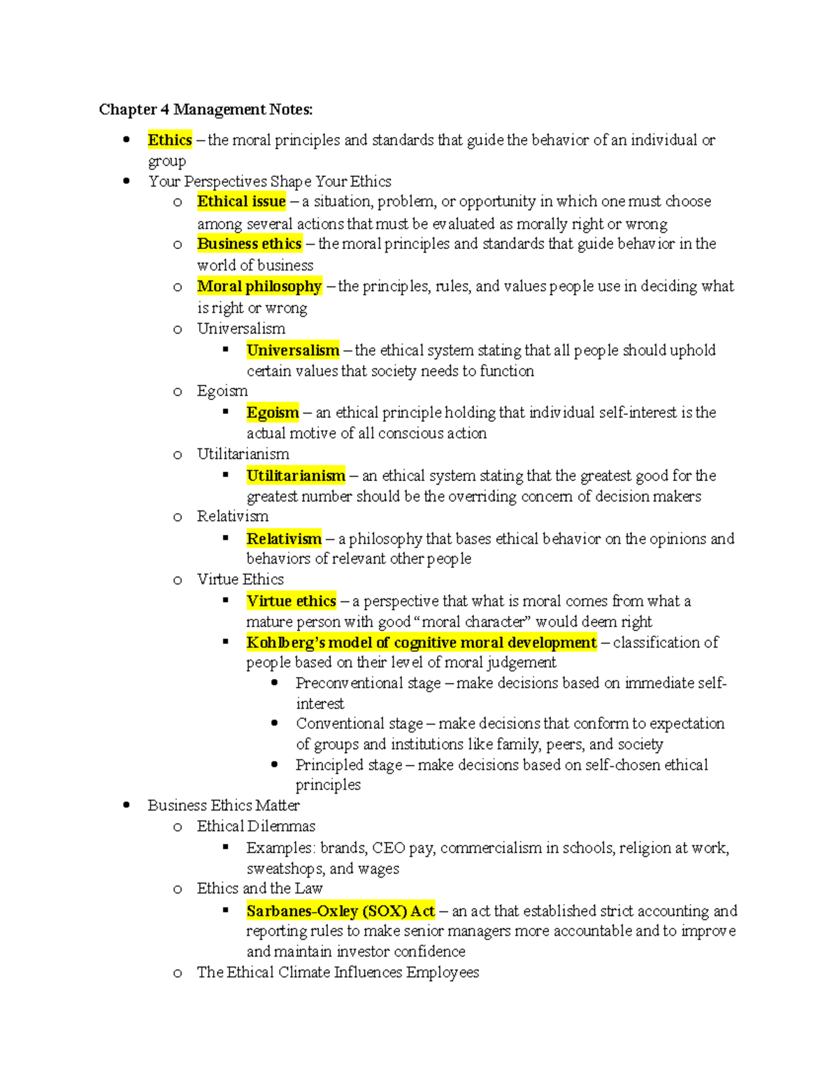 Chapter 4 Management Notes - Chapter 4 Management Notes: Ethics – the ...