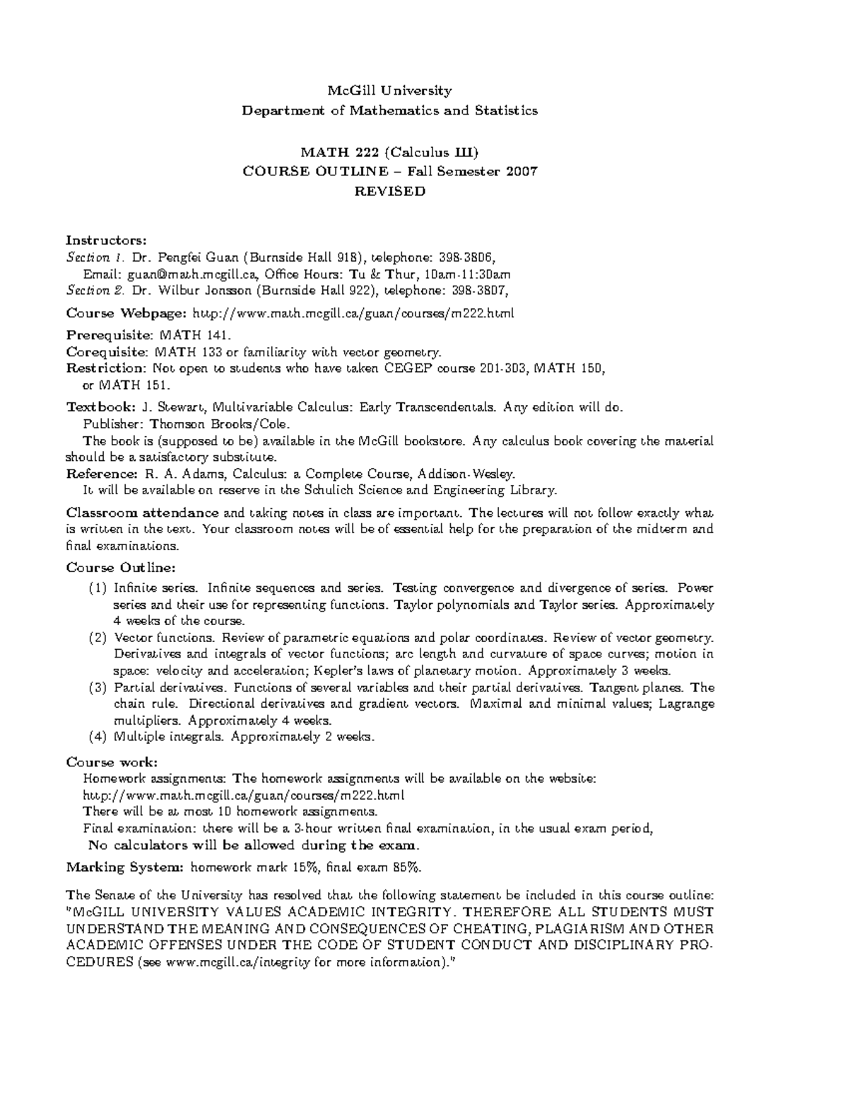 222 - Summary Calculus 3 - McGill University Department of Mathematics ...