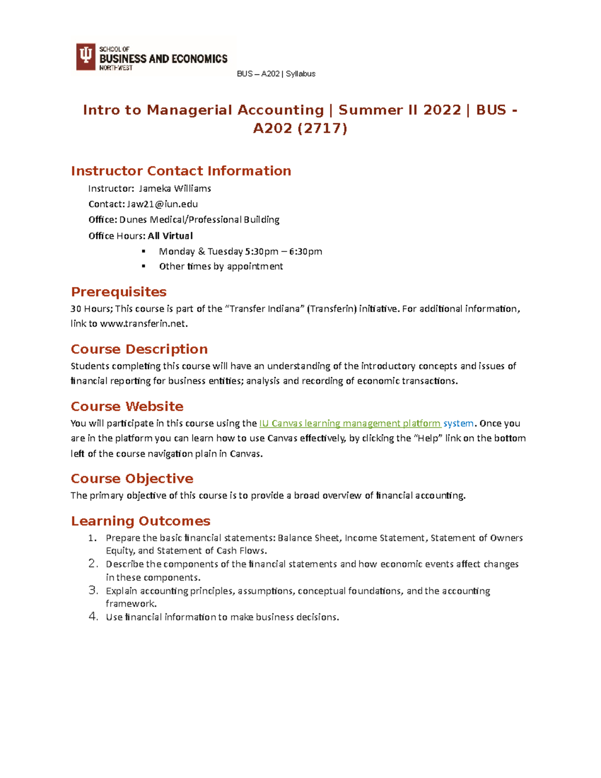 Bus A202 Summer II 2022 Syllabus - Managerial Accounting - Intro to ...