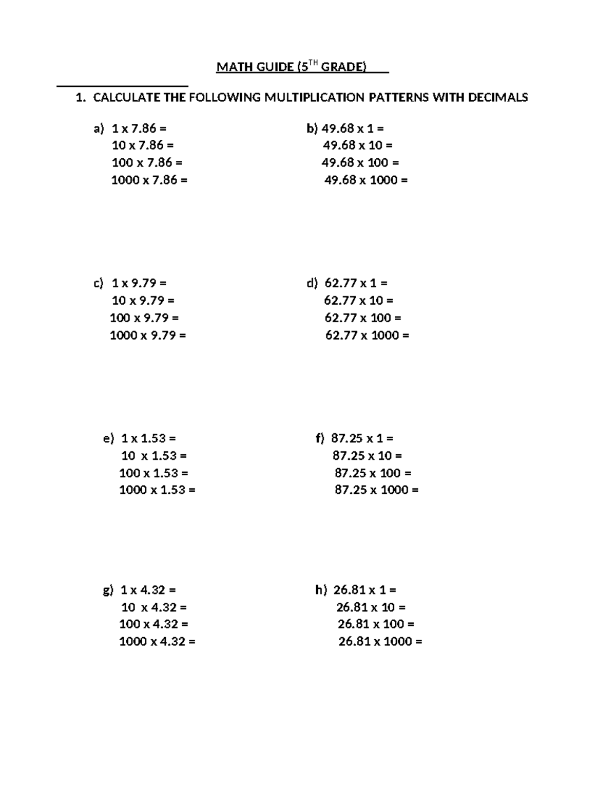 MATH Guide 5TH Grade - MATH GUIDE (5TH GRADE) 1. CALCULATE THE ...