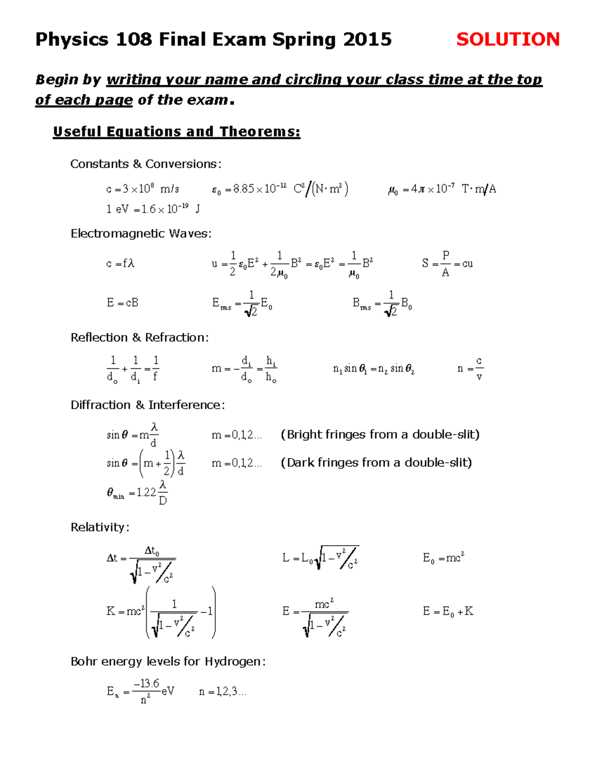 108 Final Spring 2015 solution - Physics 108 Final Exam Spring 2015 ...