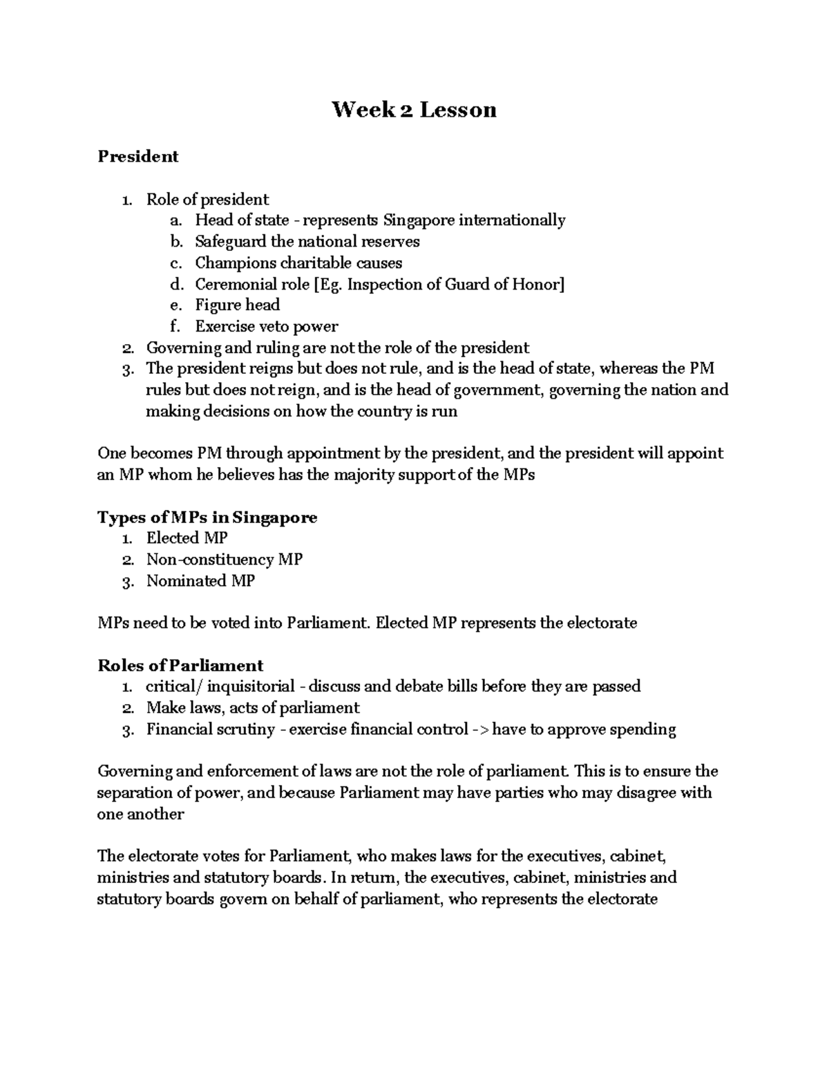 BGS Week 2 Lesson - Week 2 Lesson President 1. Role of president a ...