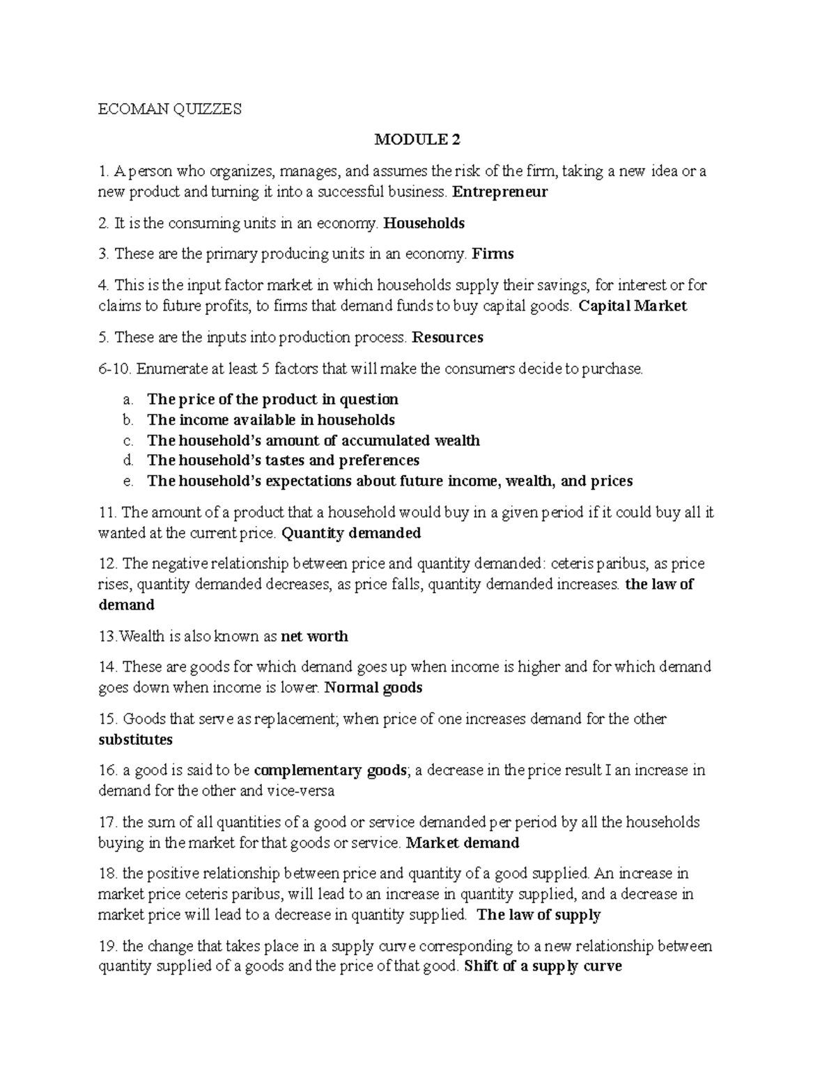 Ecoman- Quizzes - management economics - ECOMAN QUIZZES MODULE 2 A ...