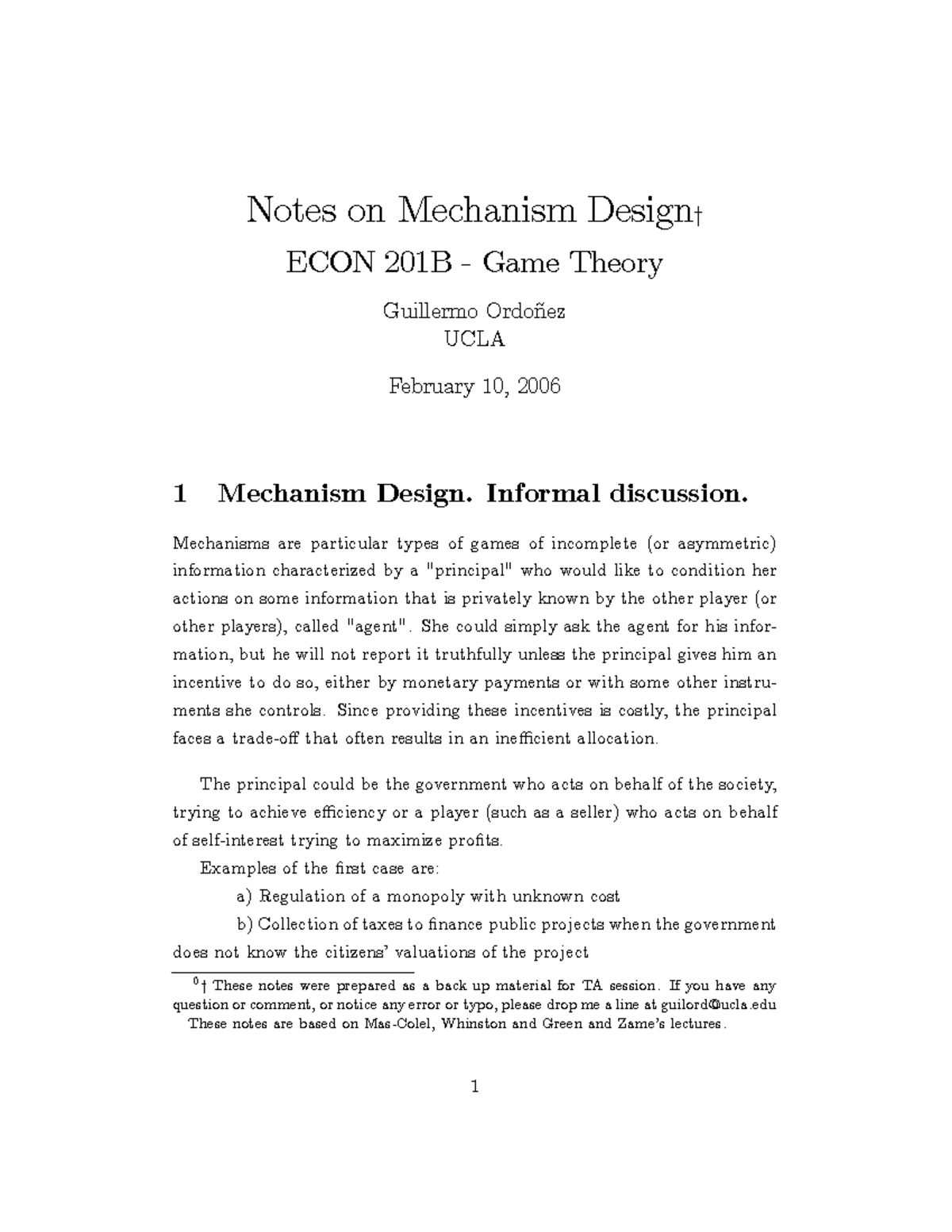 Note MECH - mechanism design - Notes on Mechanism Designy ECON 201B ...