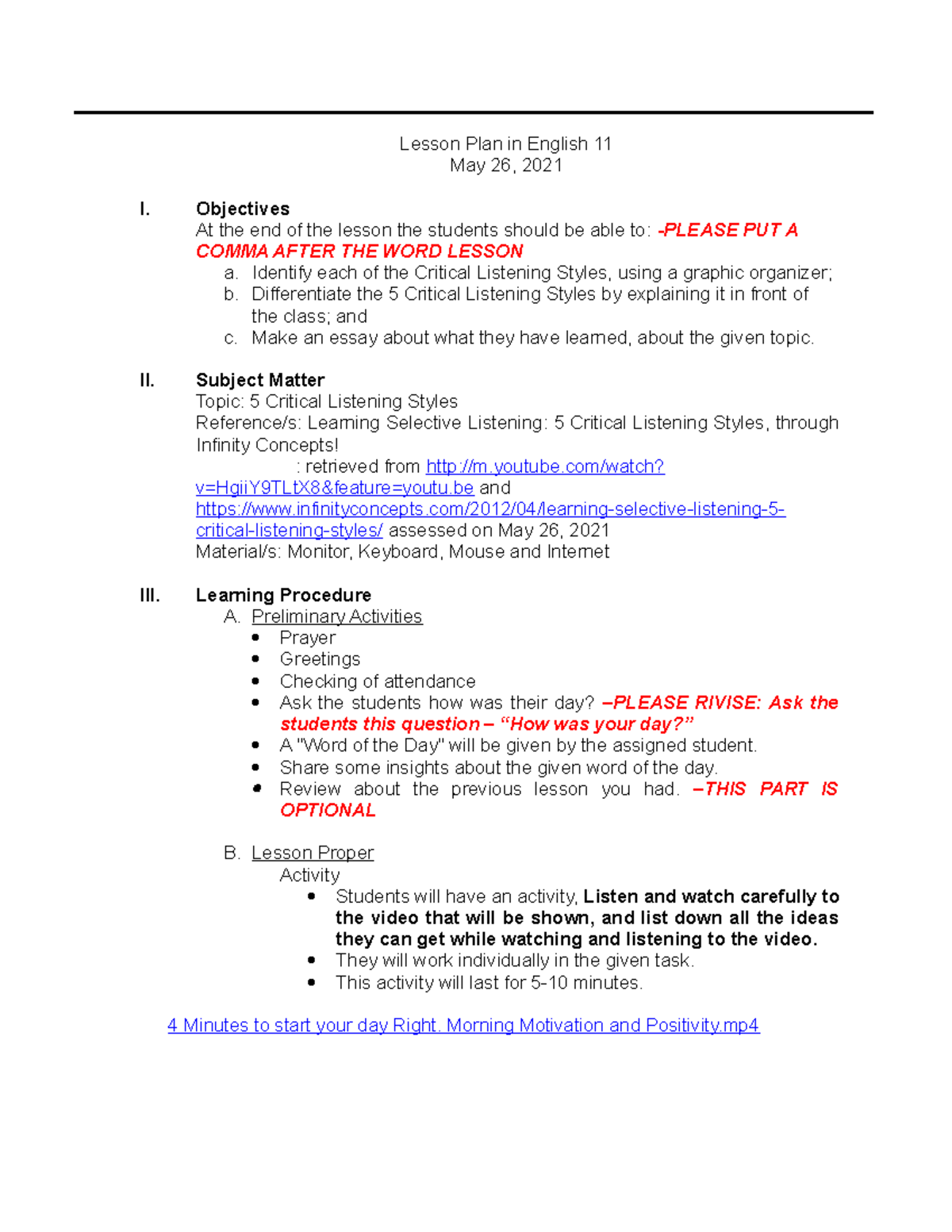 Lesson Plan in English 11 - Objectives At the end of the lesson the ...