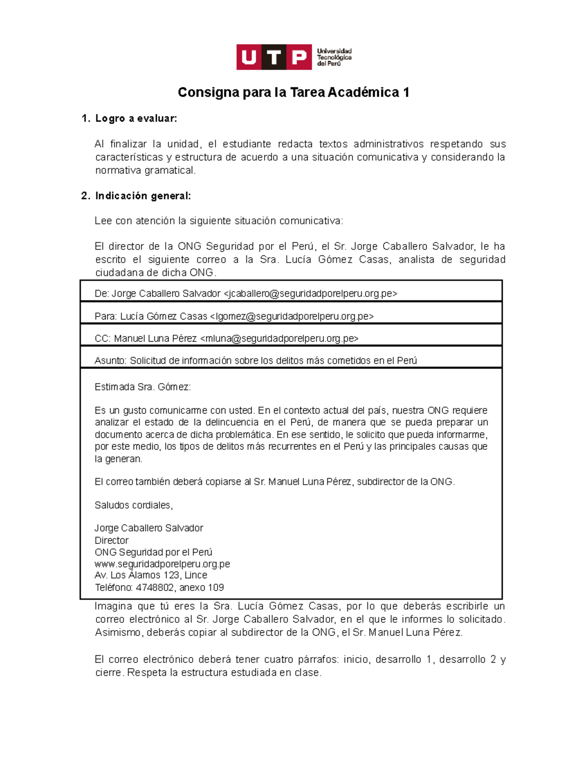 Tarea Academica 1 - Redaccion de texto - Consigna para la Tarea Académica 1 1. Logro a evaluar ...