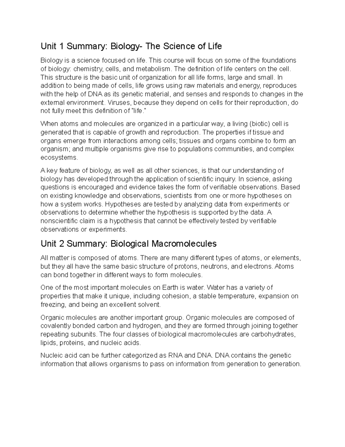 Intro to Bio Summary - Unit 1 Summary: Biology- The Science of Life ...