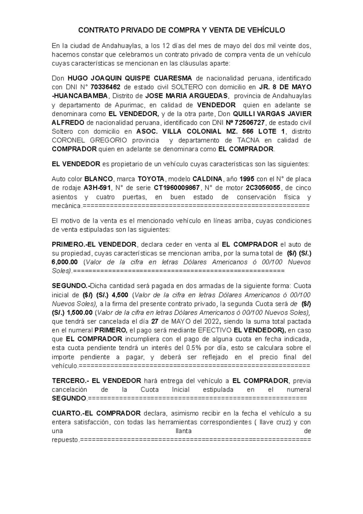 289117307 Modelo de Contrato Privado de Compra y Venta de Vehiculo Peru ...