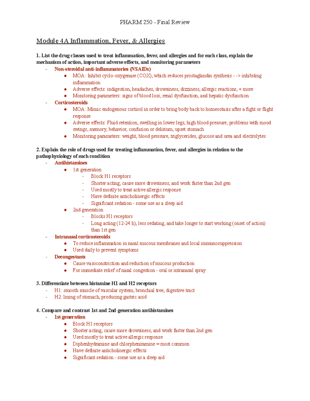 250 - Module 4 - Module 4A Inflammation, Fever, & Allergies 1. List the ...