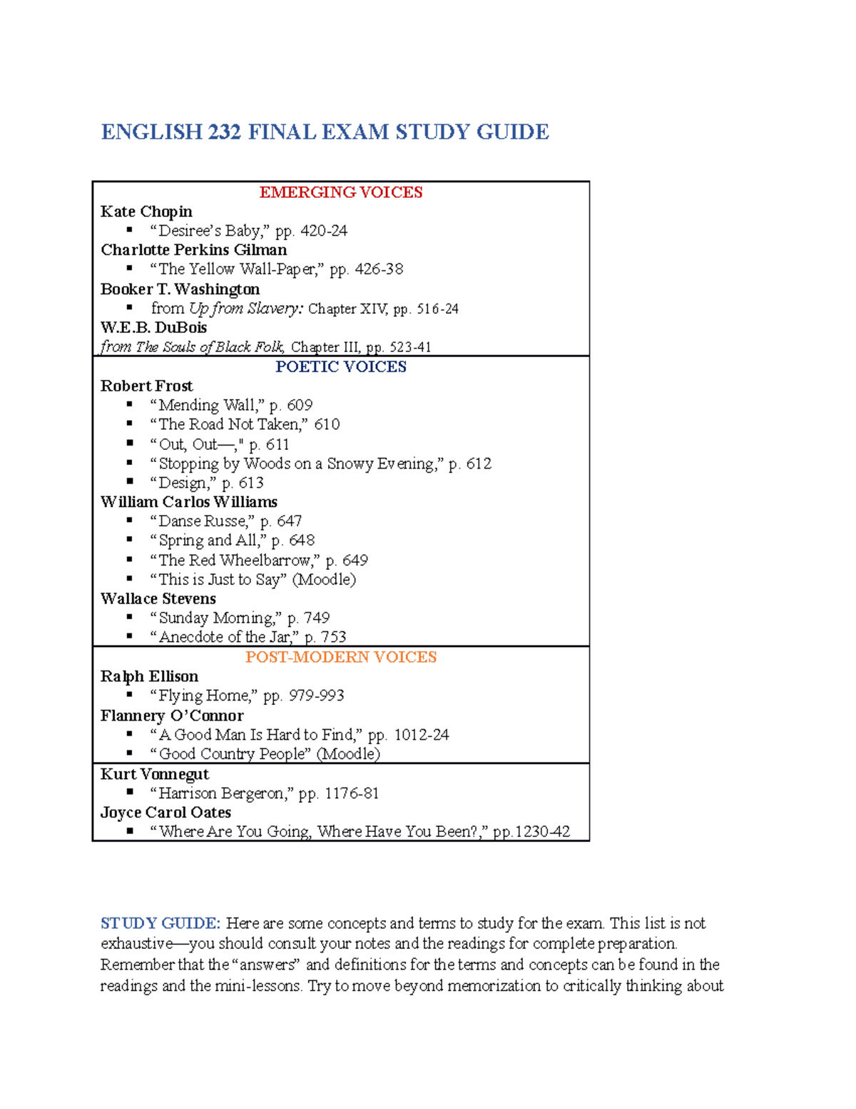 ENGL 232 Final Exam Study Guide Fall 2022 - ENGLISH 232 FINAL EXAM ...