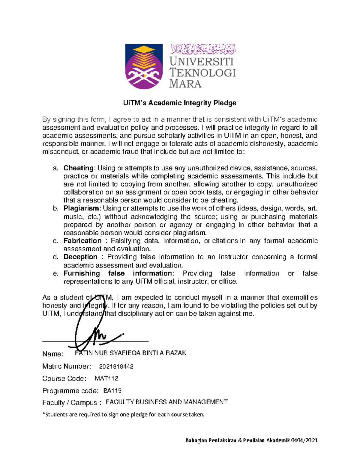 Academic Integrity Ui TM-Mac 2022- Fatin NUR Syafieqa - Bahagian ...