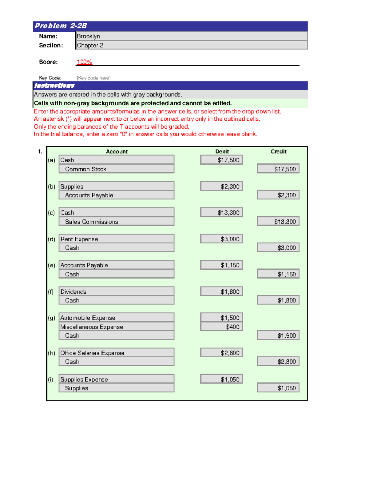 BUS 222 Chapter 2 Problem 2-2B - Score: Key Code: Enter the appropriate ...
