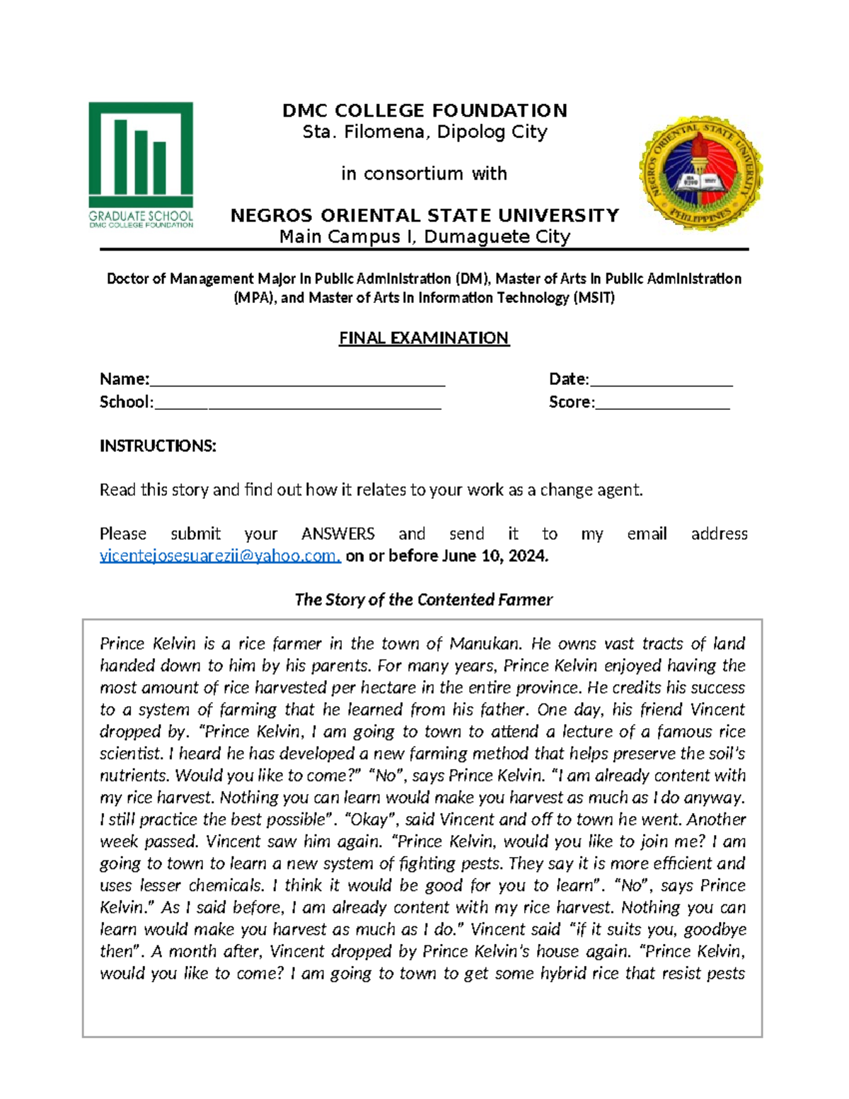Final examination 23 24 - DMC COLLEGE FOUNDATION Sta. Filomena, Dipolog ...
