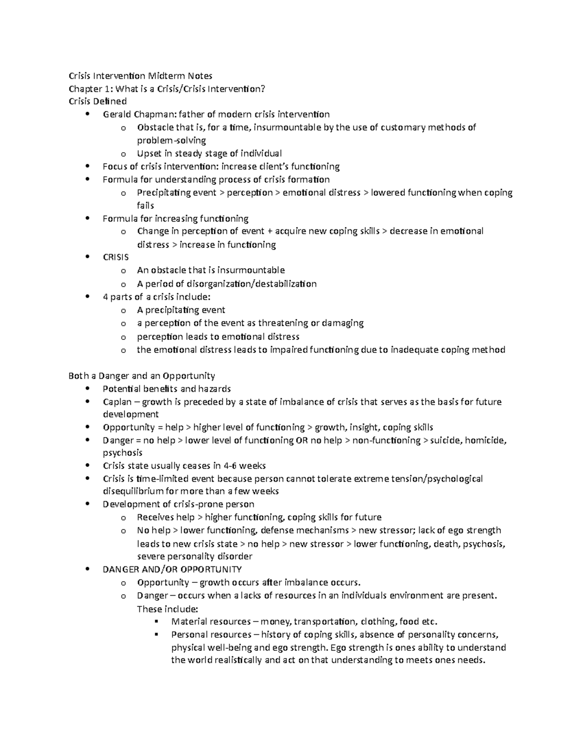 Midterm Review Notes - Crisis Intervention Midterm Notes Chapter 1 ...