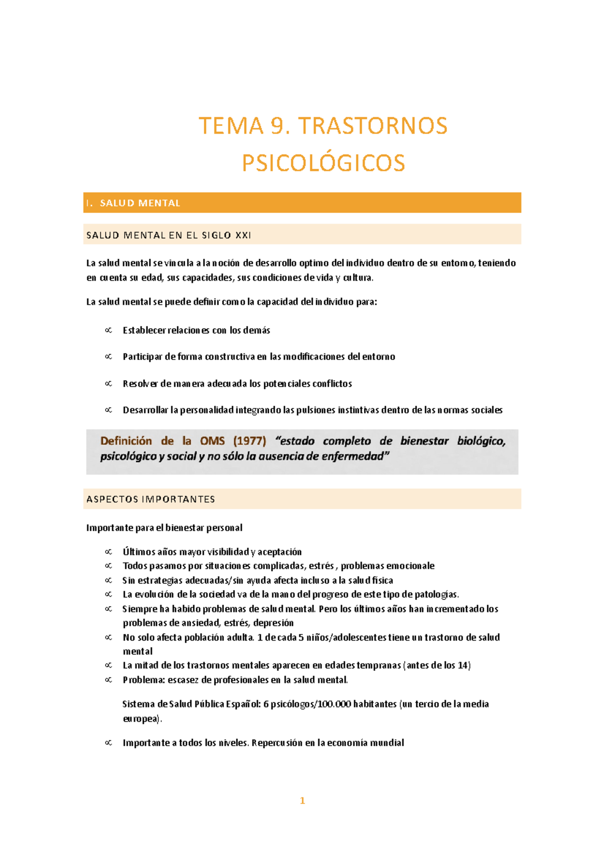 Tema 9 psicología - apuntes - TEMA 9. TRASTORNOS PSICOLÓGICOS I. SALUD ...