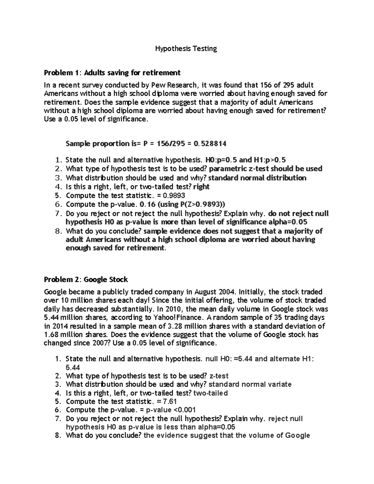 Hypothesis Activity - lecture - Hypothesis Testing Problem 1: Adults ...