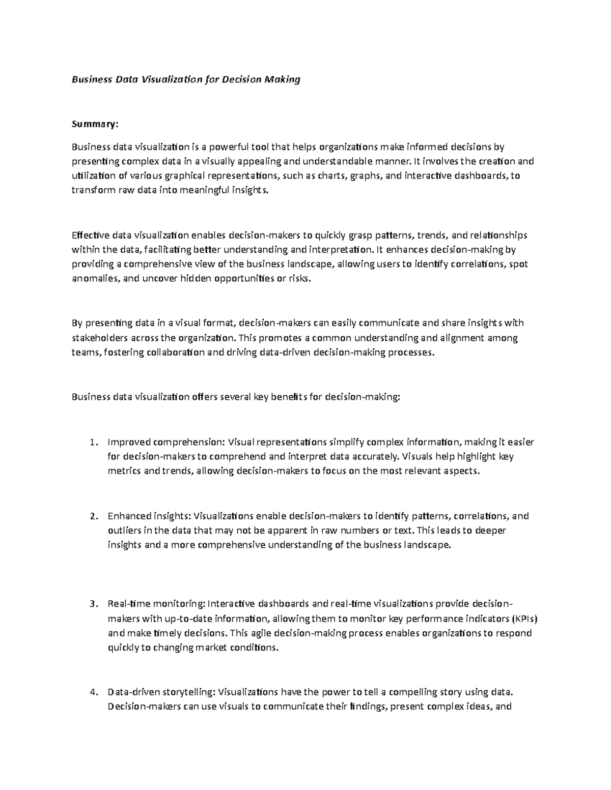 Business Data Visualization for Decision Making (Summary) - Business ...