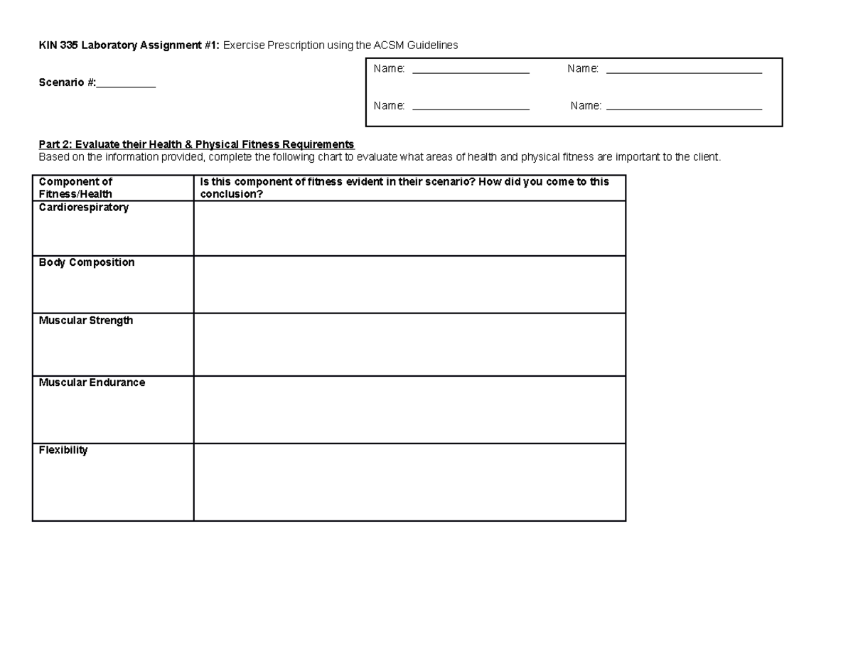 Lab Assignment # 1 - KIN 335 Laboratory Assignment #1: Exercise ...