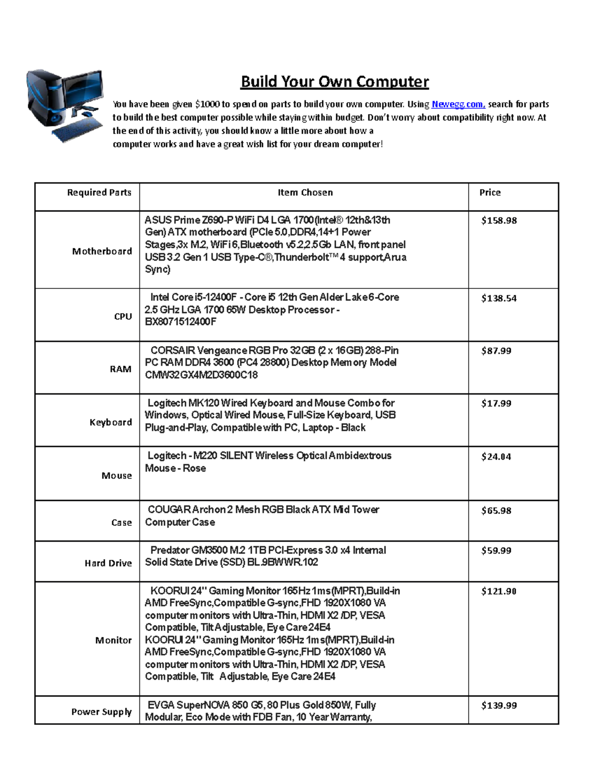Build a Computer - idk - Build Your Own Computer You have been given ...