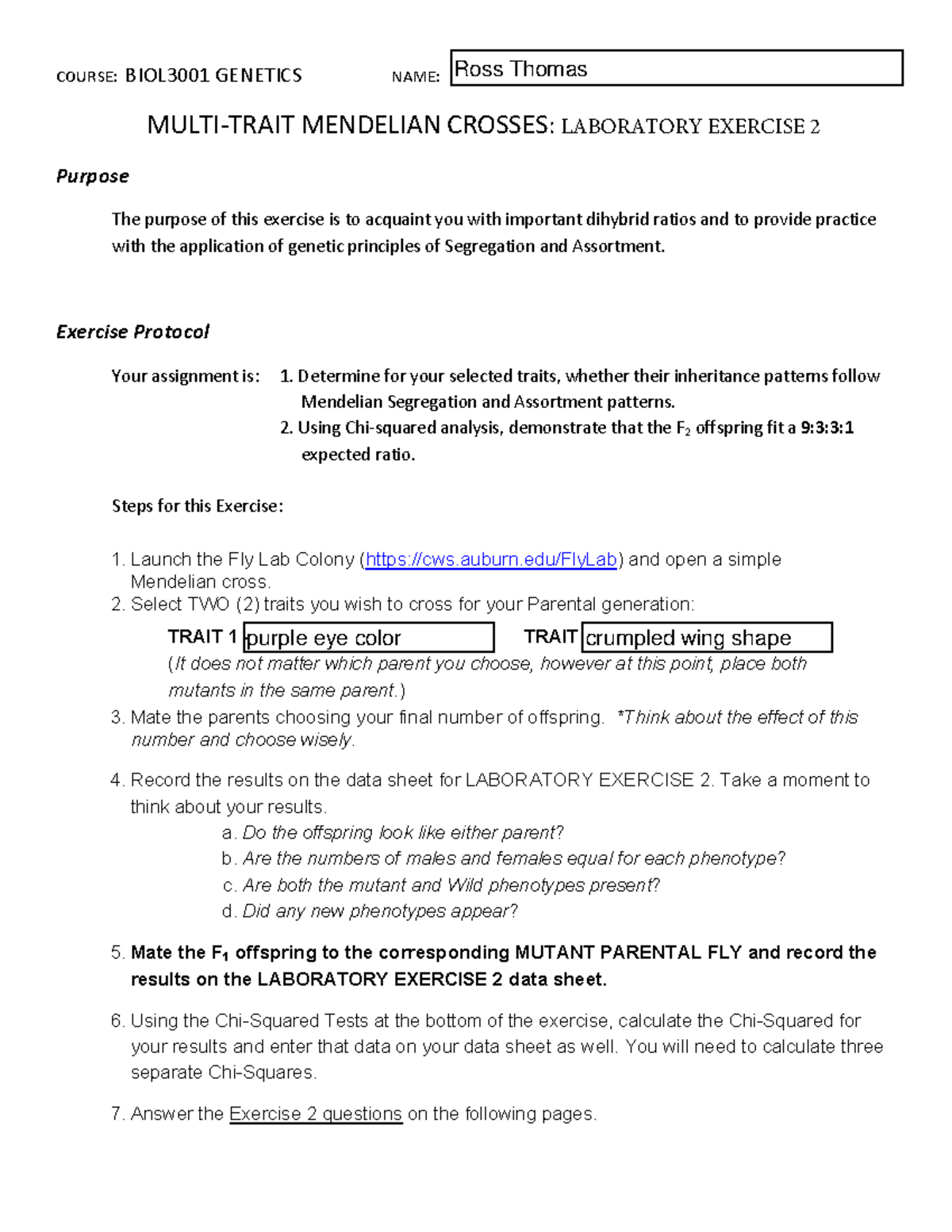 Mendelian Genetics Lab Exercise 2 DATA Sheet - Mendelian Genetics Lab - COURSE: BIOL 3001 ...