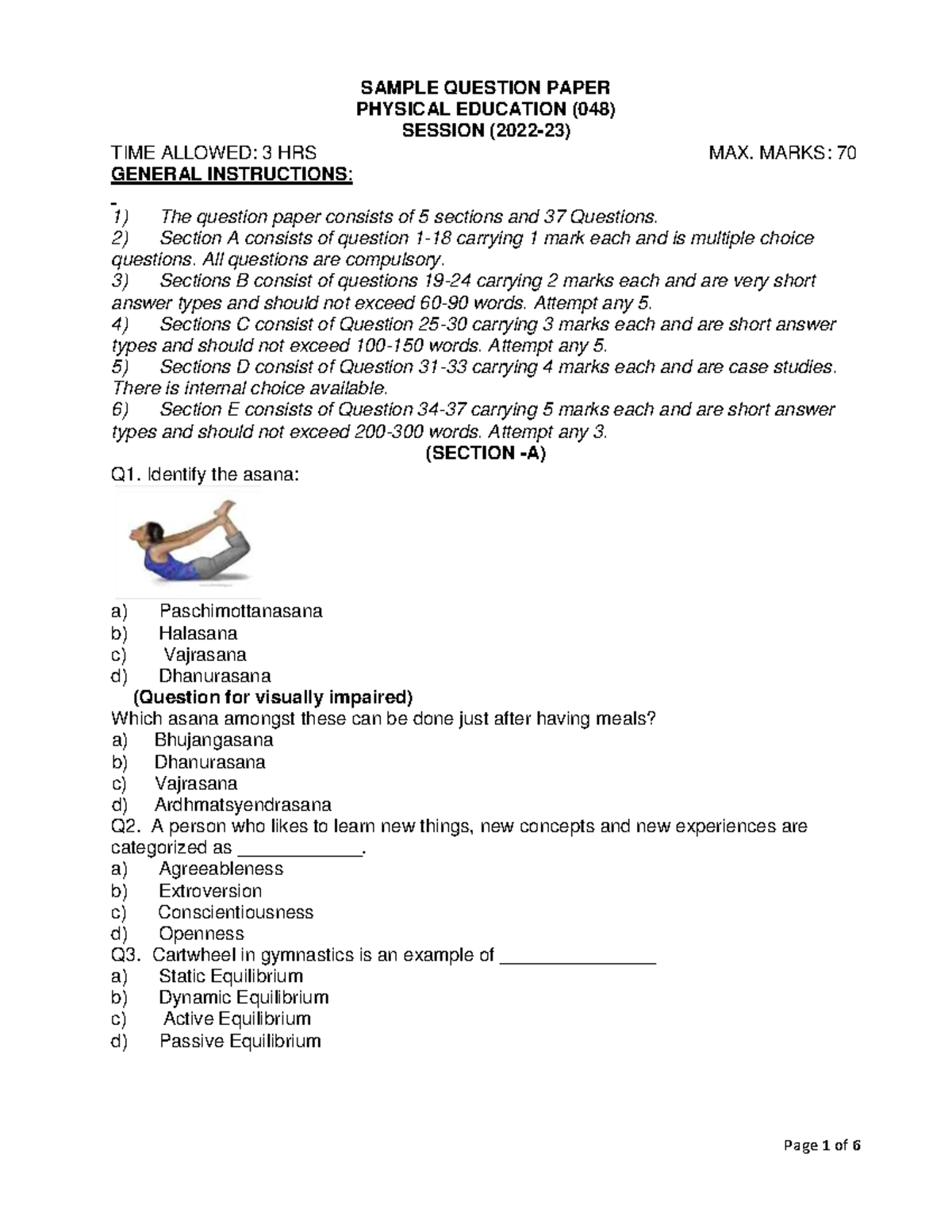 Physical Education-SQP - SAMPLE QUESTION PAPER PHYSICAL EDUCATION (048 ...