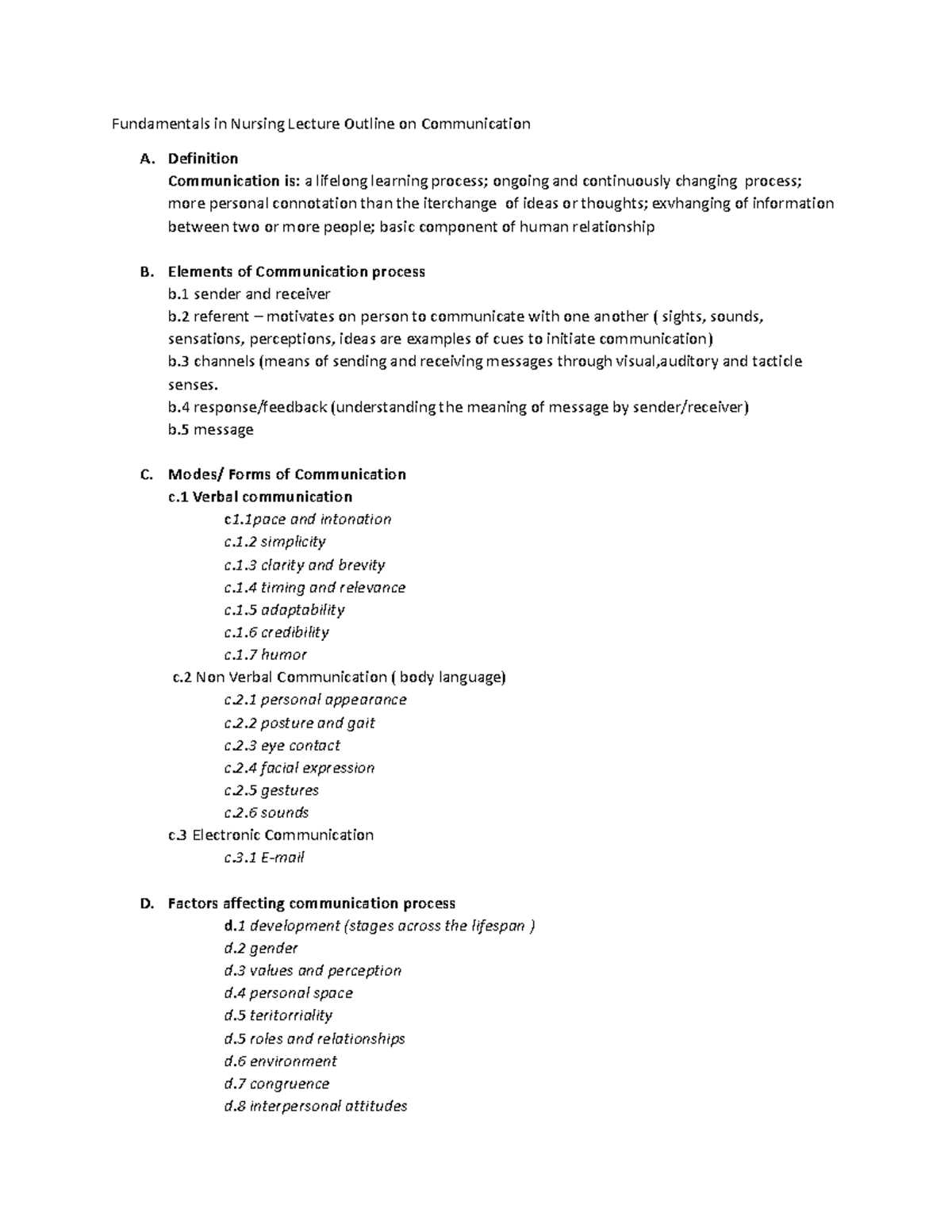 Fundamentals in Nursing Lecture Outline on Communication - Definition ...