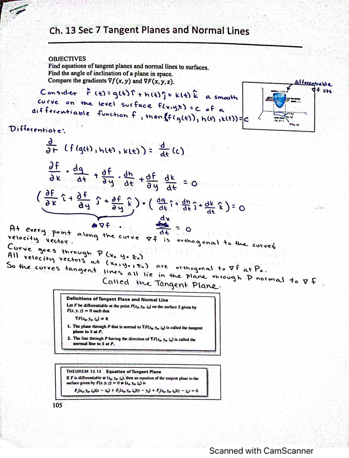 Calculus 3 13.7 notes - Ch. 13 Sec 7 Tangent Planes and Normal Lines ...