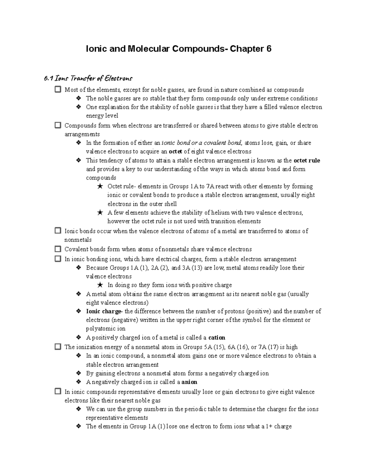 Chapter 6 Notes- Chemistry Lecture - Ionic and Molecular Compounds ...