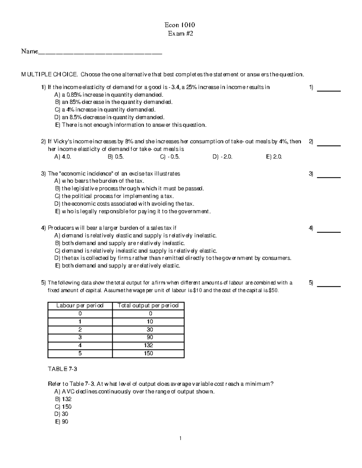 1010 Exam #2 - Econ 1010 Exam Name ...
