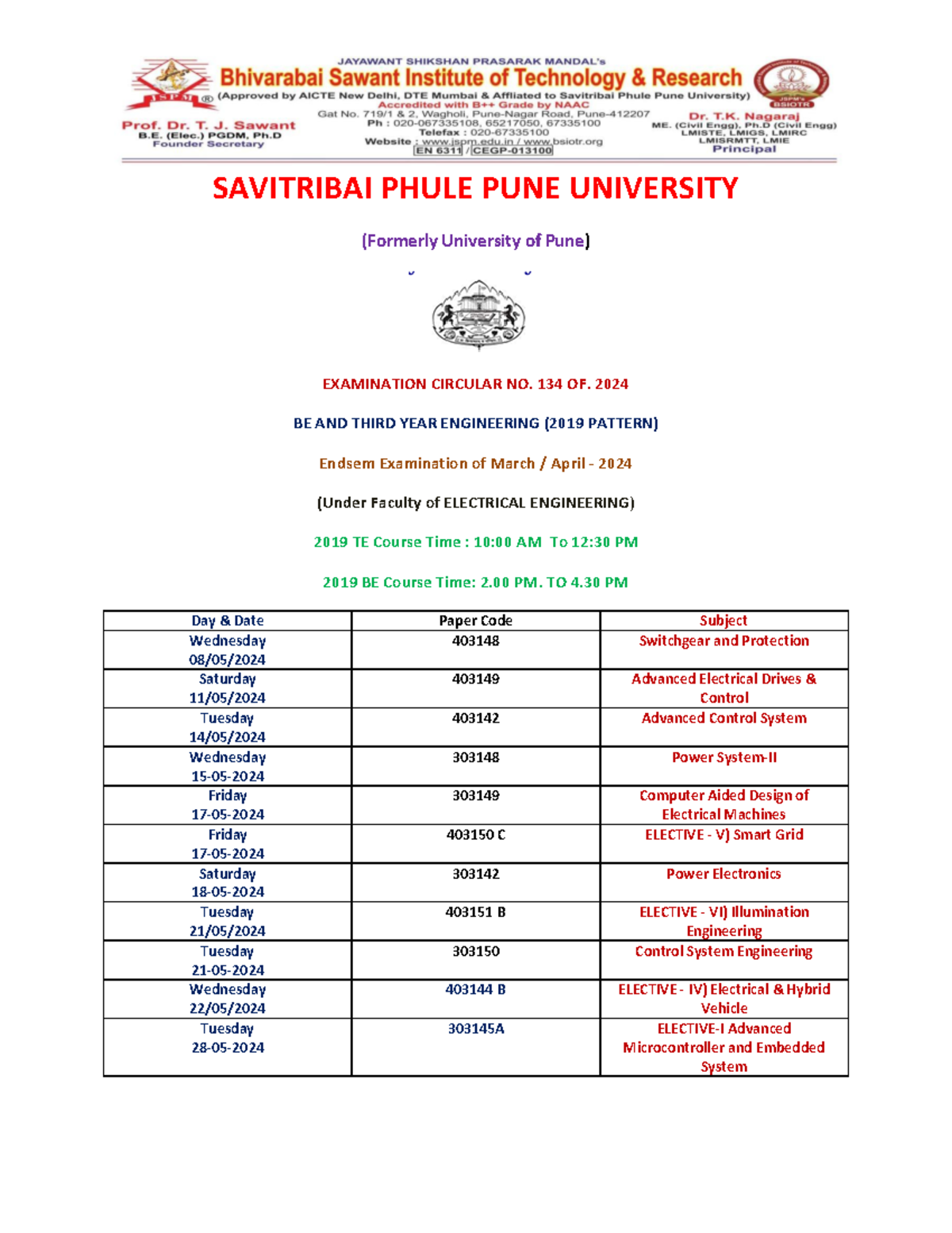 TE BE Timetable - SAVITRIBAI PHULE PUNE UNIVERSITY (Formerly University ...