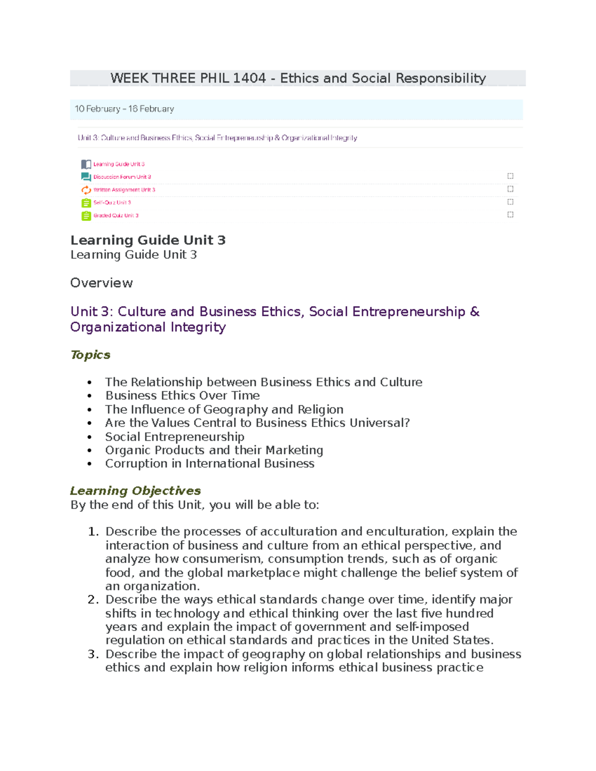 Study guide-WEEK Three PHIL 1404 - Ethics and Social Responsibility ...