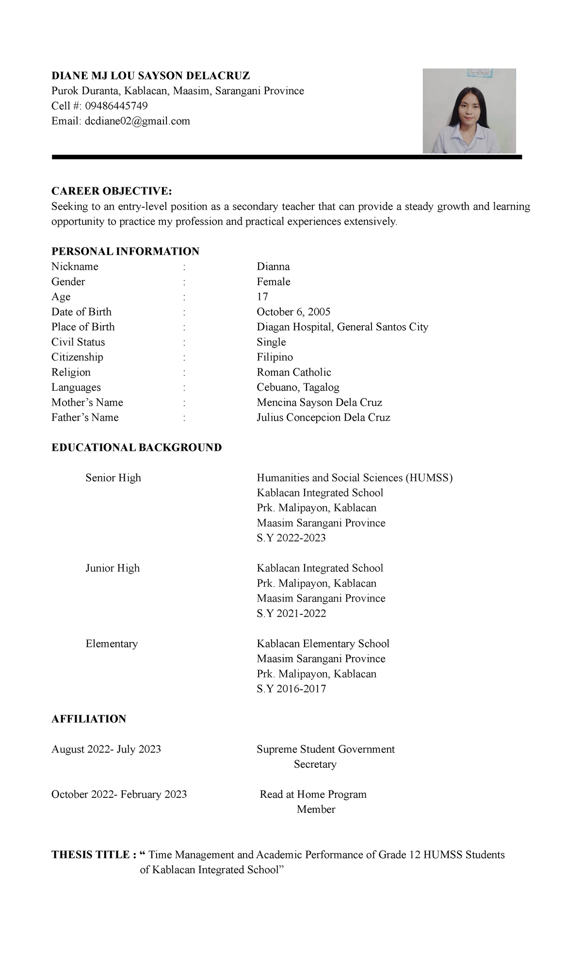 Dresume - Sample Resume - DIANE MJ LOU SAYSON DELACRUZ Purok Duranta, Kablacan, Maasim ...