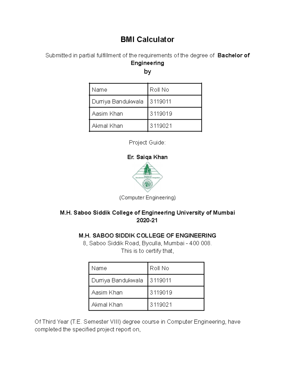 BMI CC Project Report - BMI Calculator Submitted in partial fulfillment ...